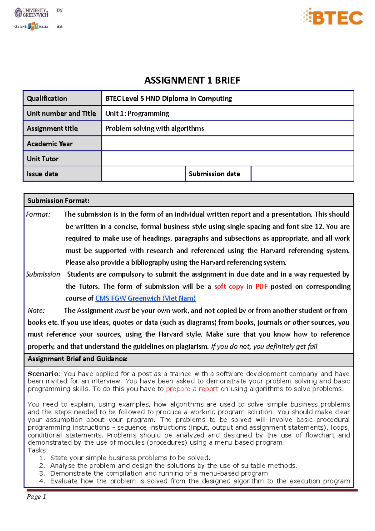 Unit 1 - Assignment brief 1 - ASSIGNMENT 1 BRIEF Qualification BTEC Level 5 HND Diploma in ...