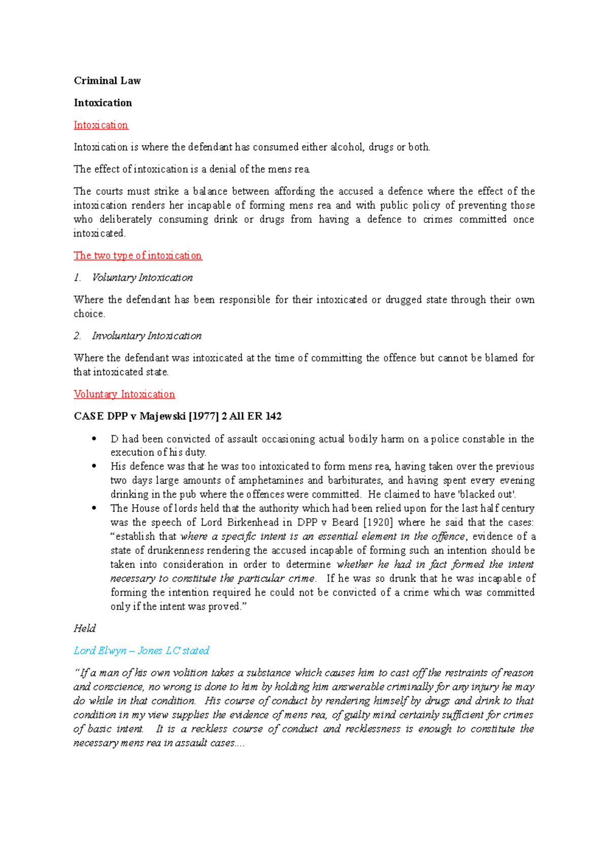 Intoxication Notes - Criminal Law Intoxication Intoxication ...