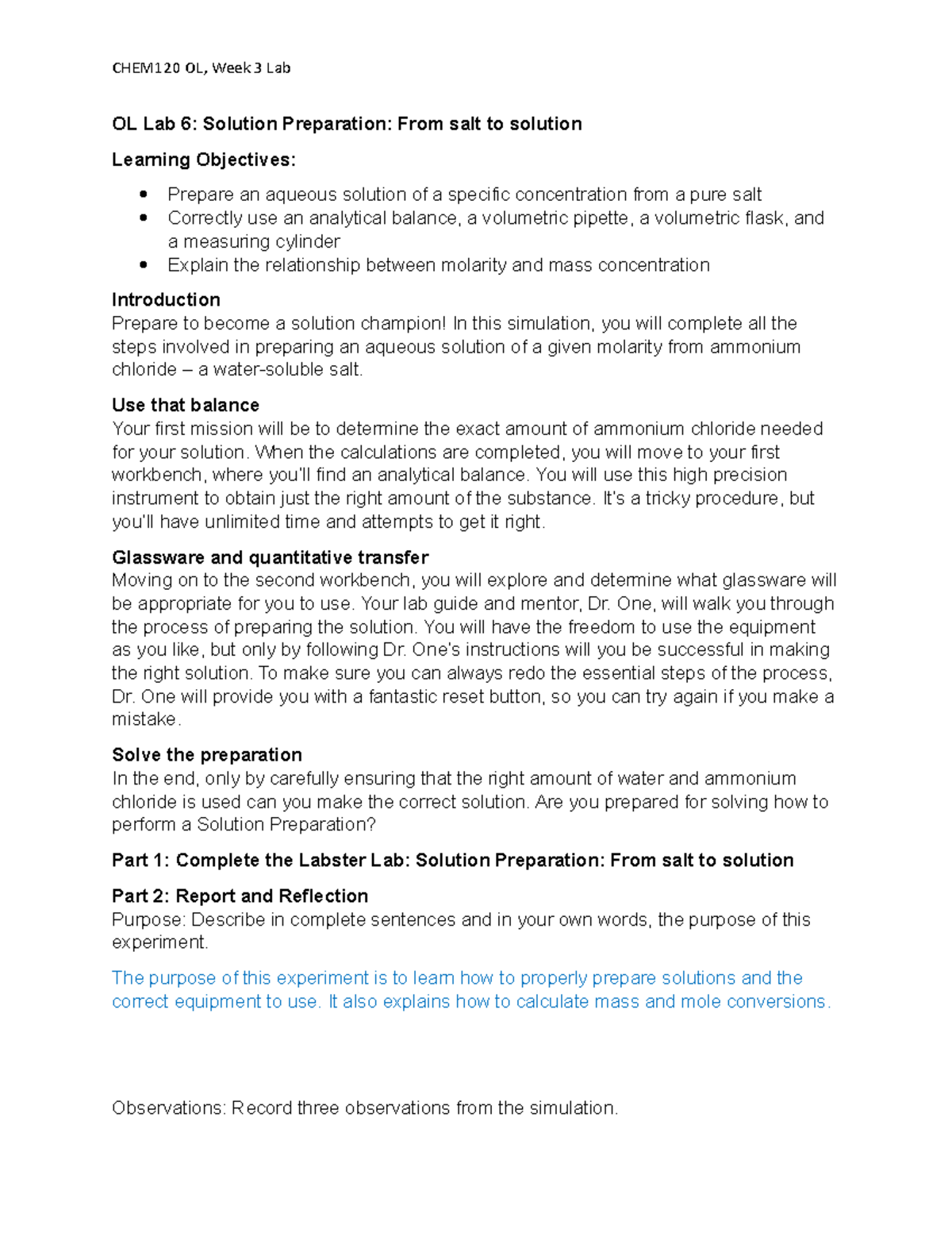 UW Preparation of Solutions Lab 6 - CHEM120 OL, Week 3 Lab OL Lab 6 ...
