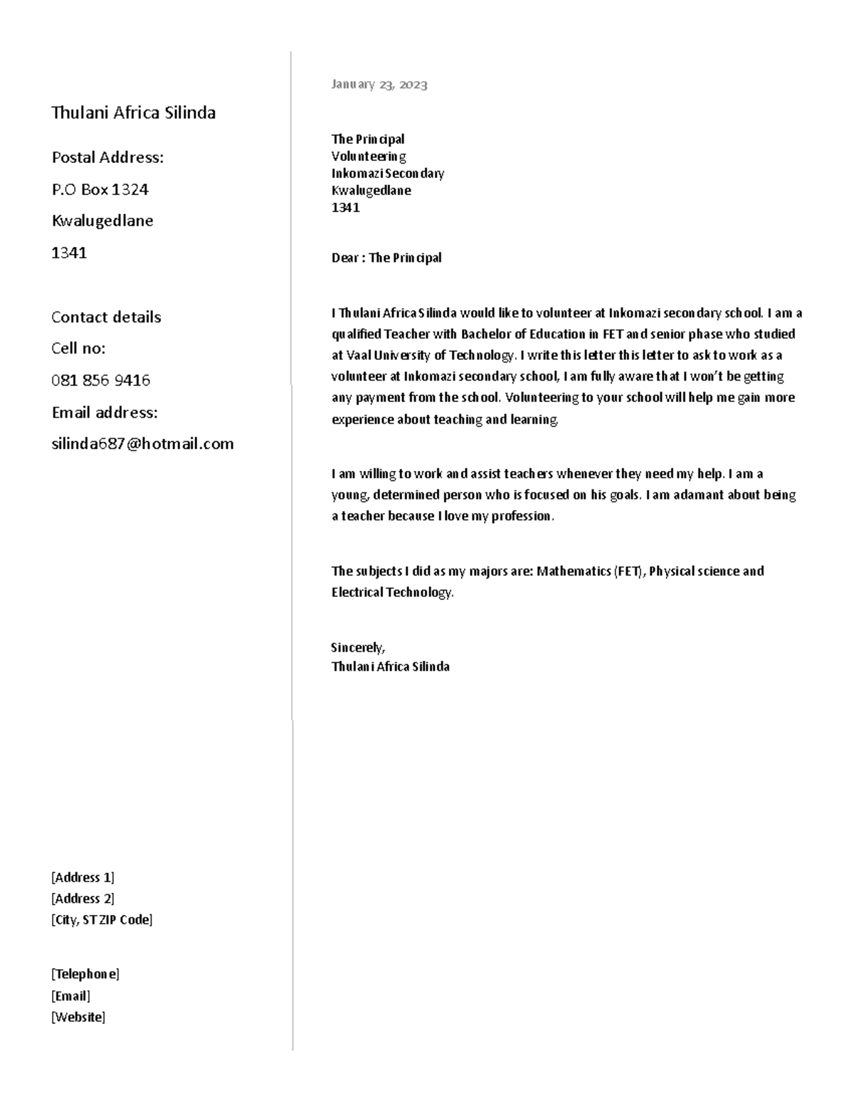 January 23 - None - January 23, 2023 The Principal Volunteering ...