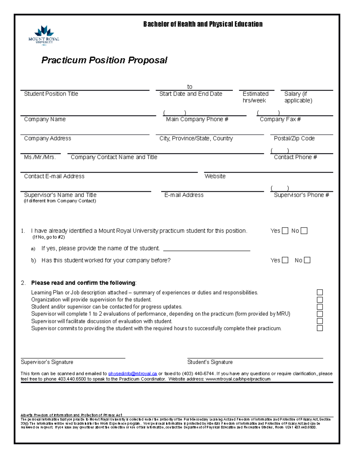 Practicum Position Proposal Form - Bachelor of Health and Physical ...
