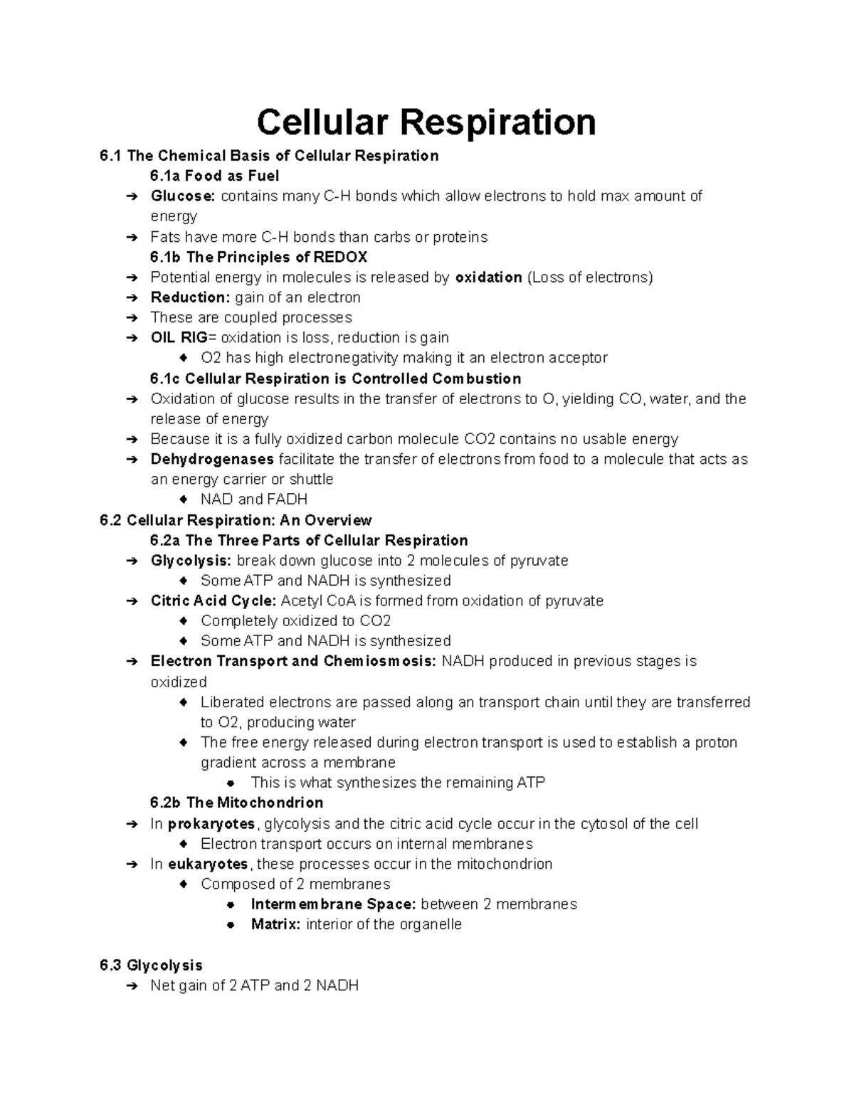 Unit 6 - unit 6 - Cellular Respiration 6 The Chemical Basis of Cellular ...