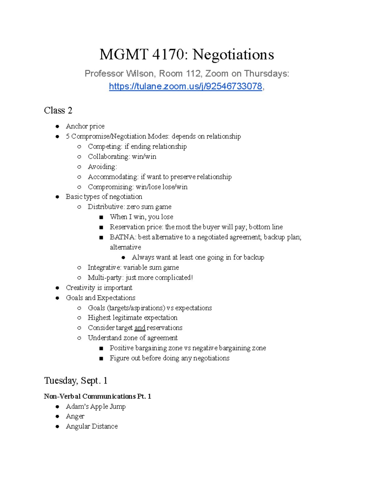 Class Notes - MGMT 4170: Negotiations Professor Wilson, Room 112, Zoom ...