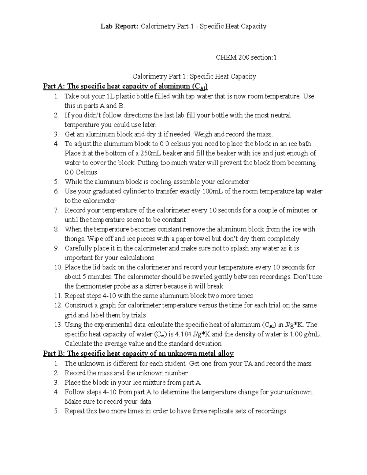 Lab Report 6- calorimetry part 1 Specific Heat Capacity - CHEM 200 ...