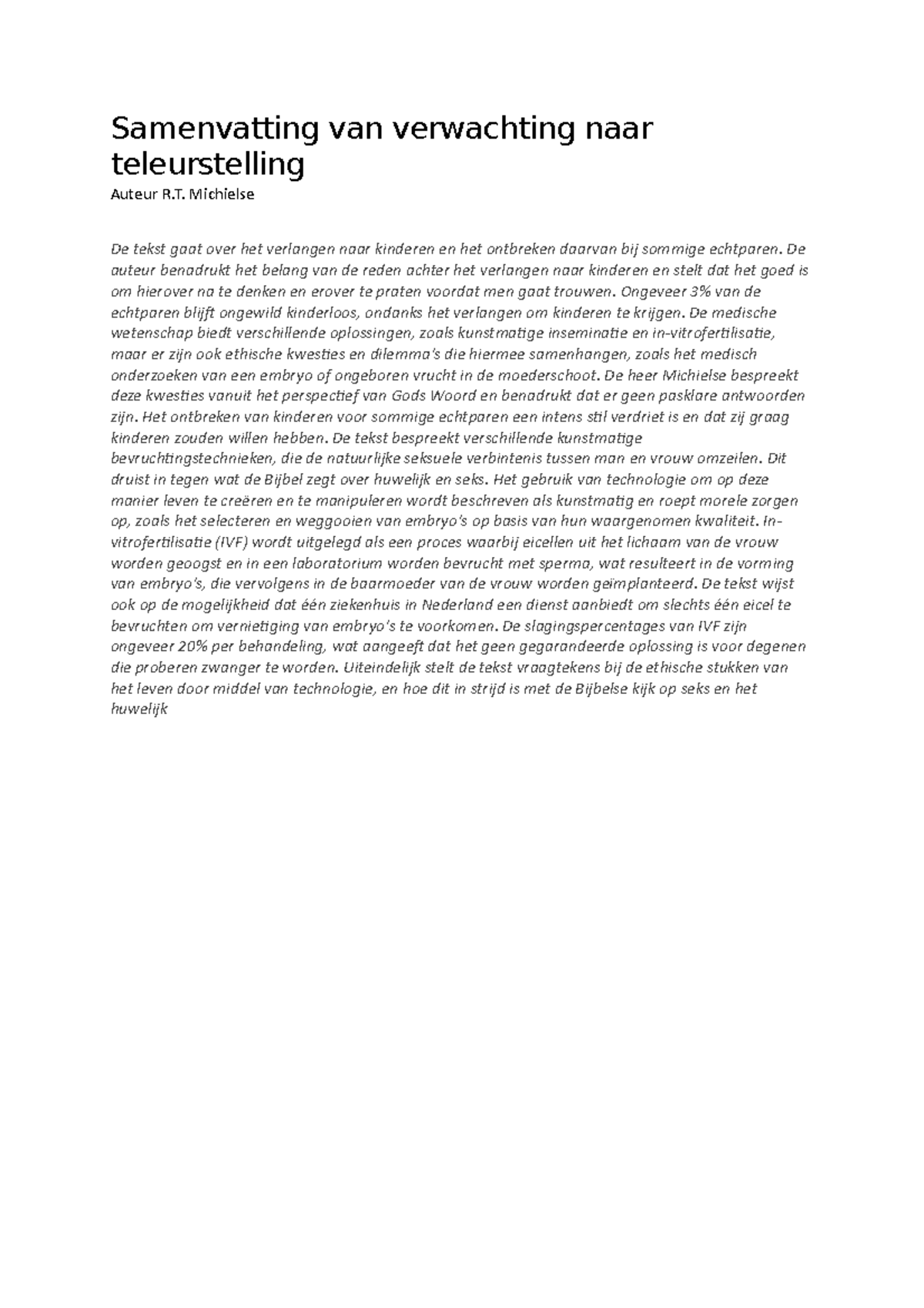 Samenvatting van verwachting naar teleurstelling - Samenvatting van ...