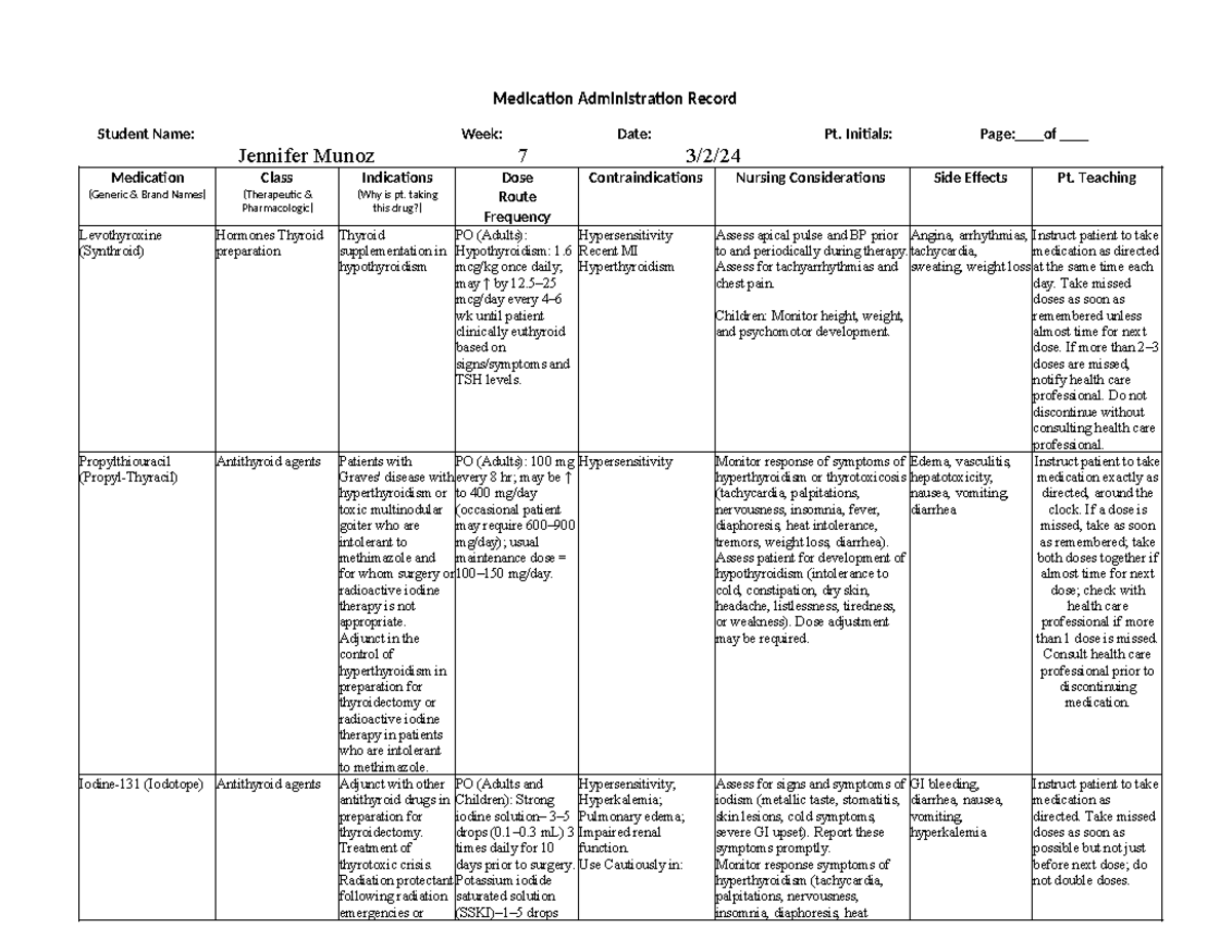 MAR Form word - Med list week 7 - Student Name: Week: Date: Pt ...