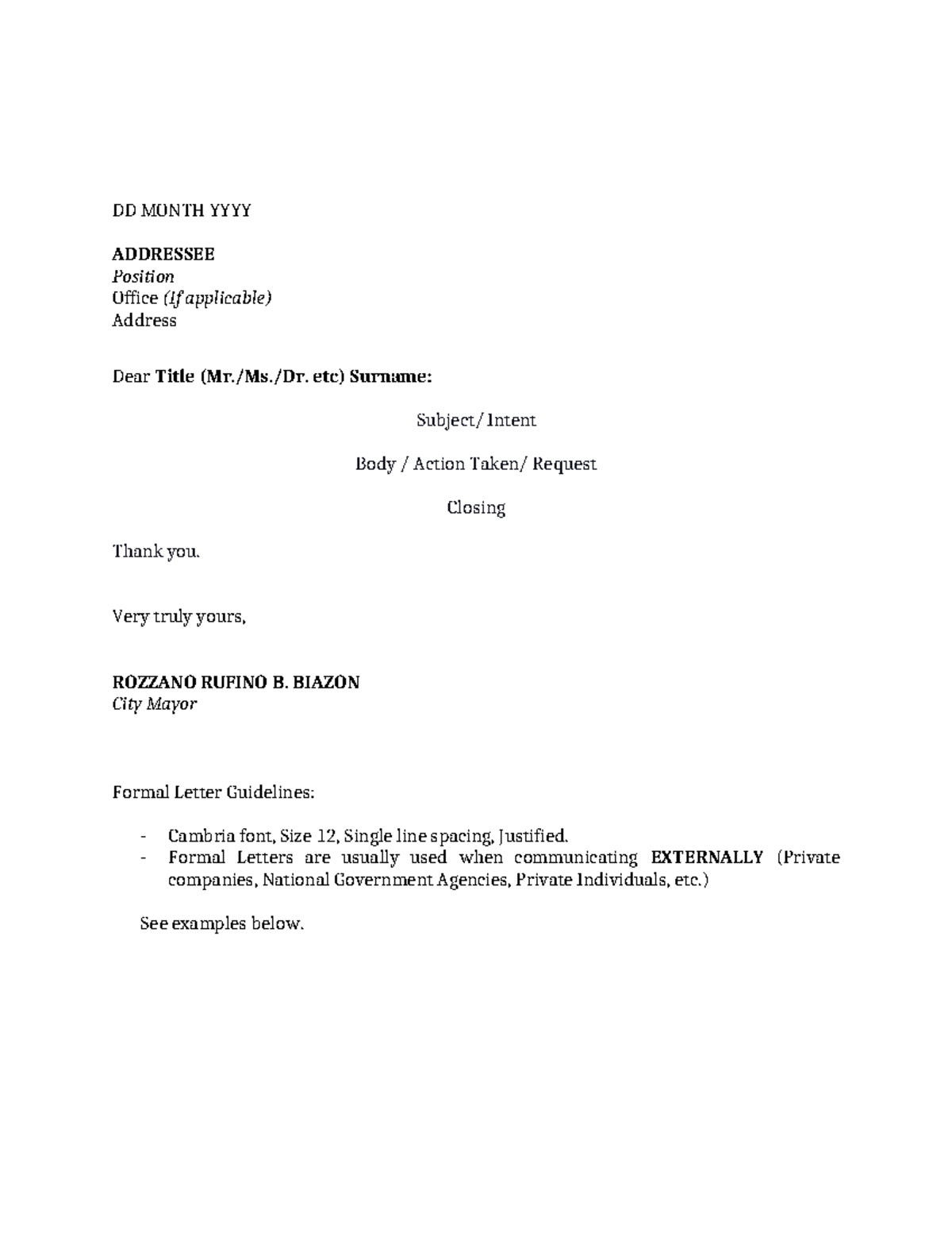 Letter Format - DD MONTH YYYY ADDRESSEE Position Office (If applicable ...