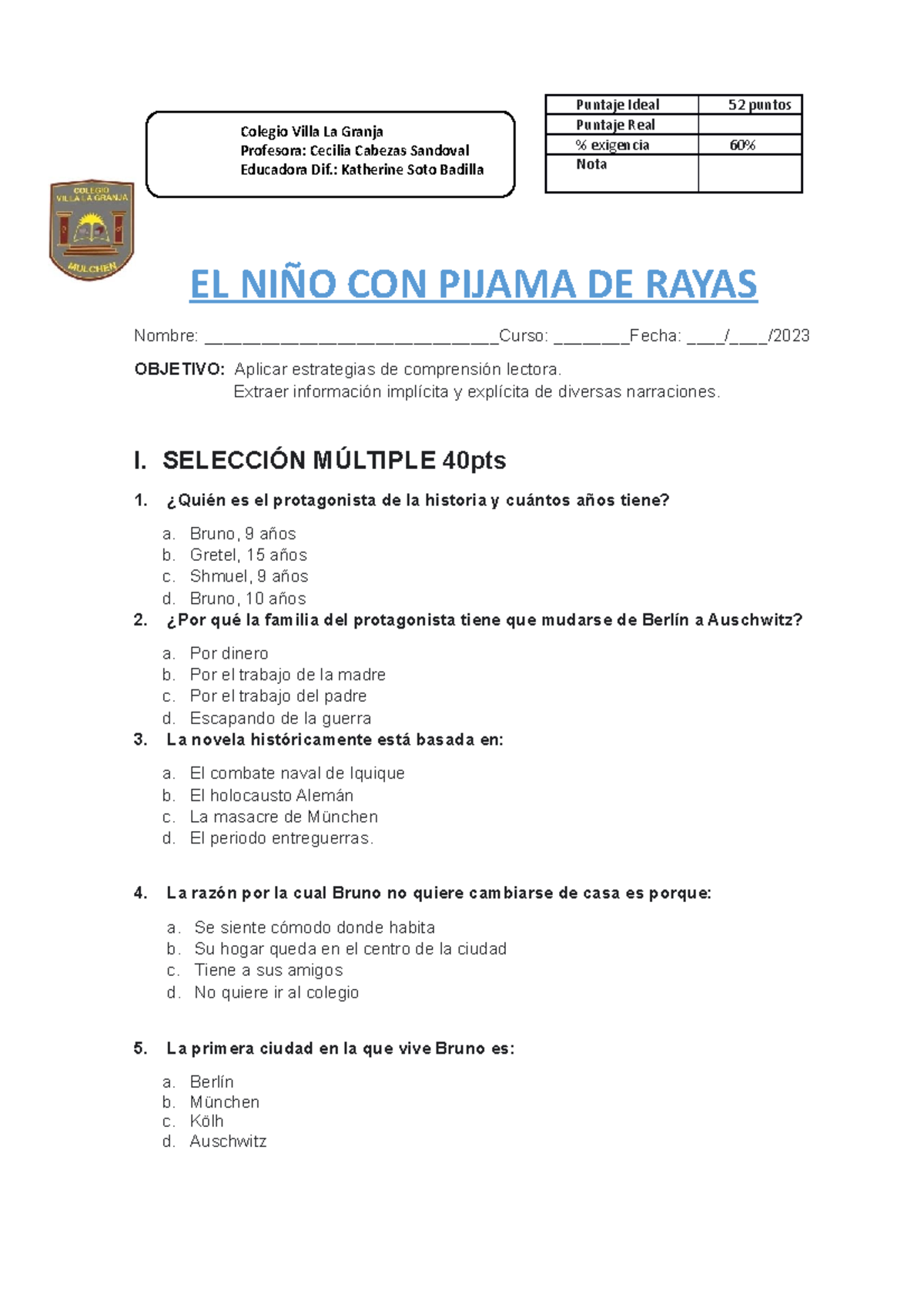 EV. EL Pijama A Rayas - EVALUACION - EL NIÑO CON PIJAMA DE RAYAS Nombre ...