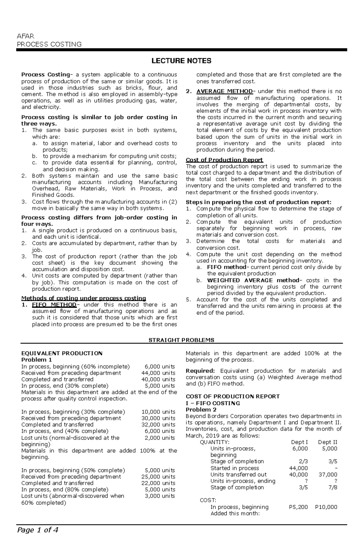 8. Process Costing - AFAR PROCESS COSTING LECTURE NOTES Process Costing ...