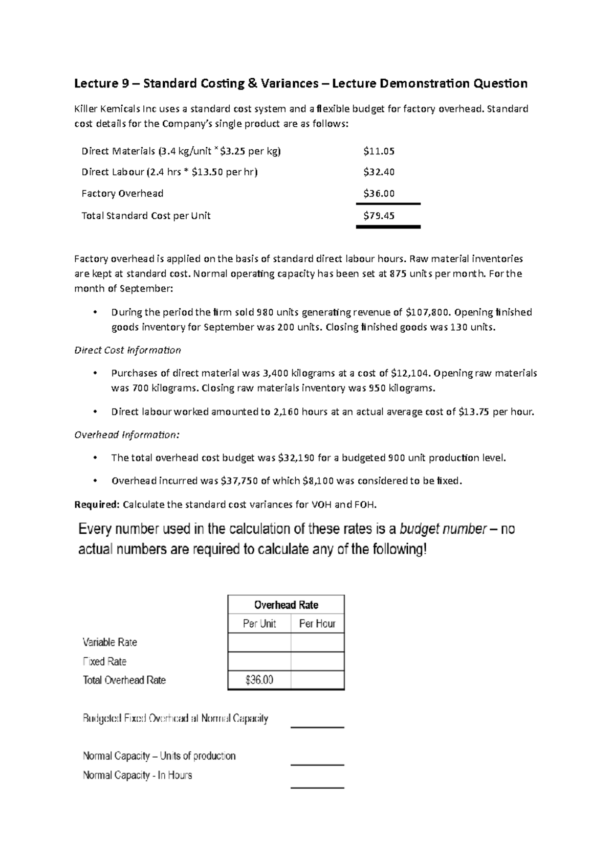Lecture 9-Demonstration Question - Lecture 9 – Standard Costing ...