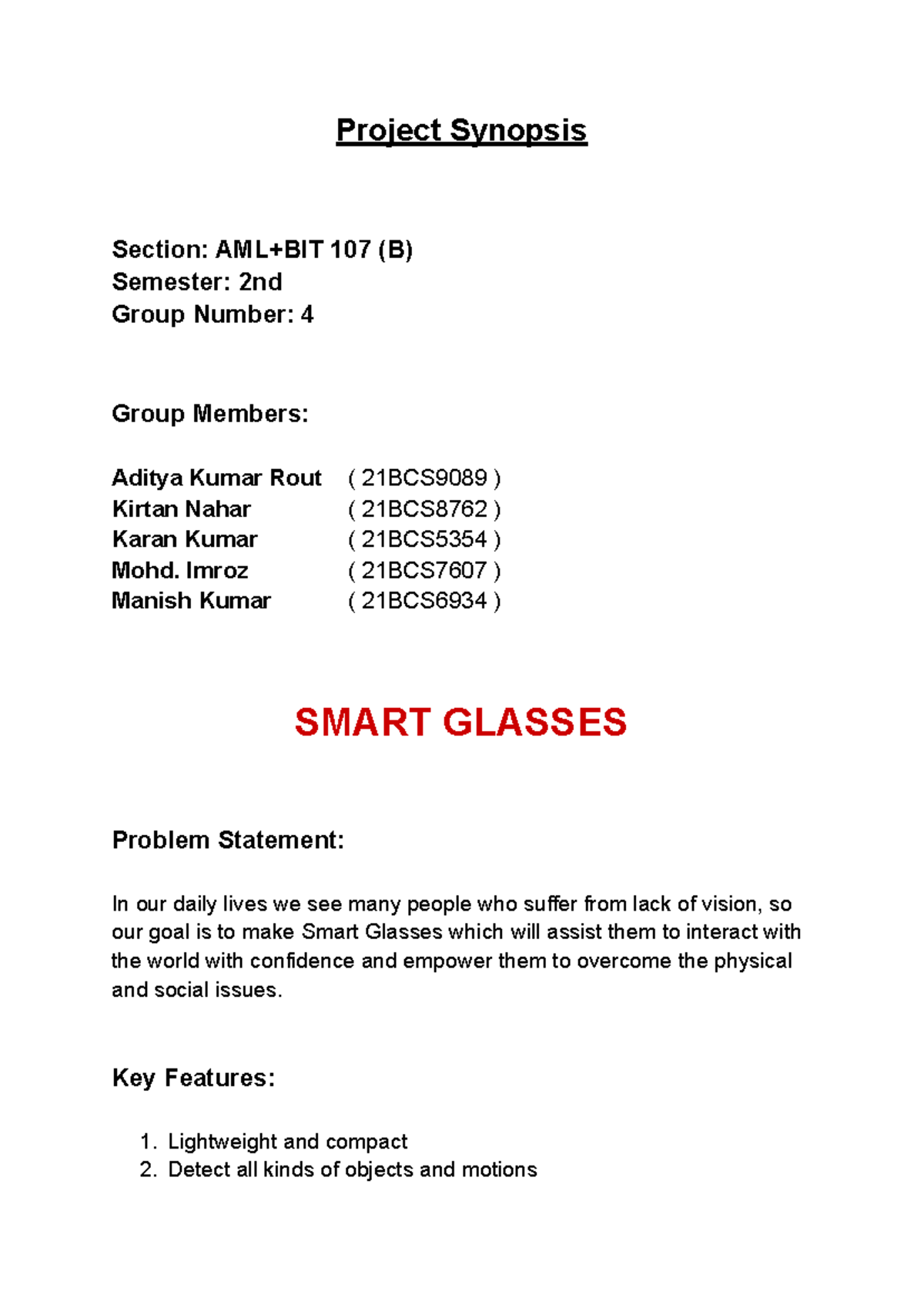 Smart Glasses IP Project Synopsis - Project Synopsis Section: AML+BIT ...