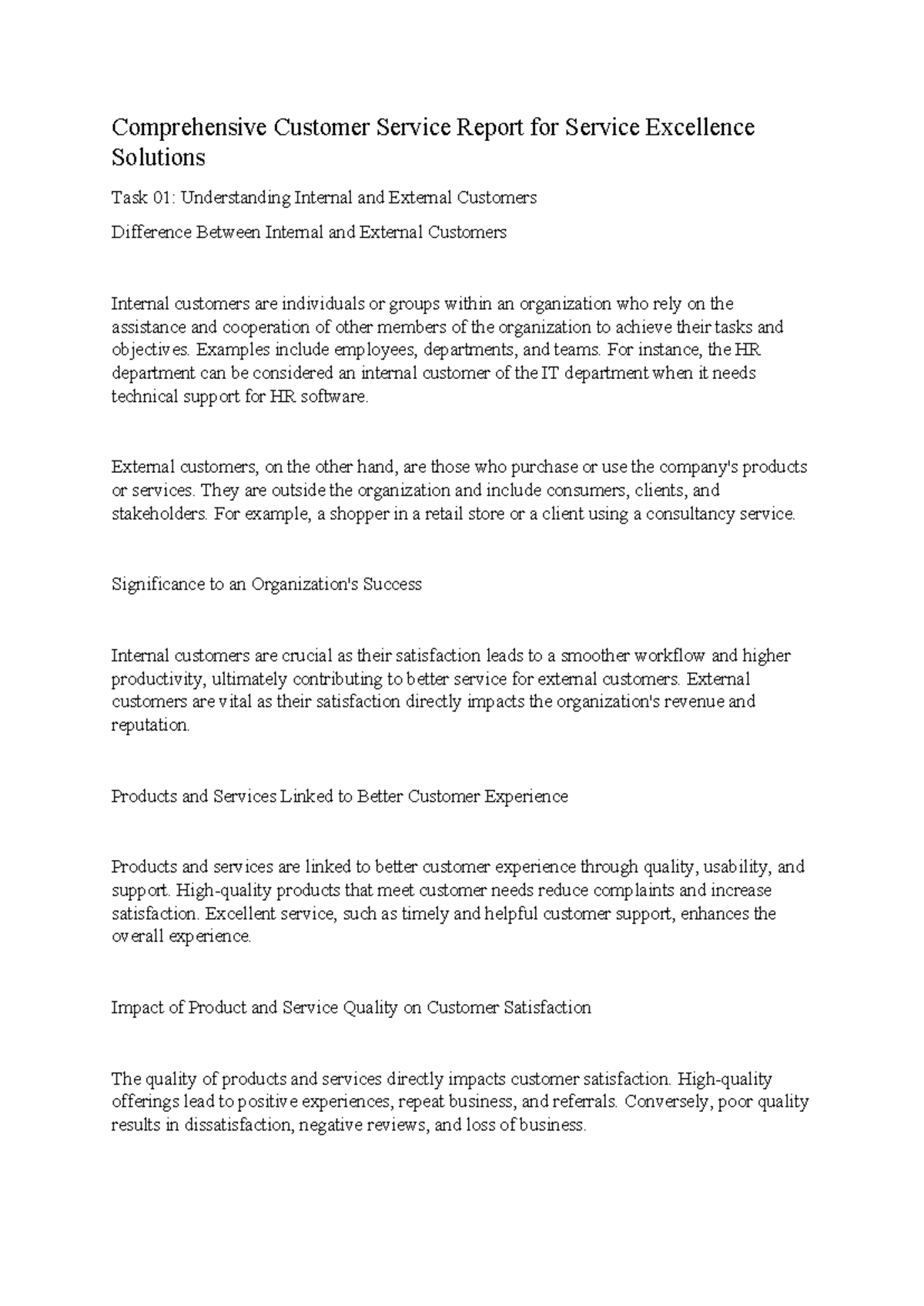 Comprehensive Customer Service Report for Service Excellence Solutions ...