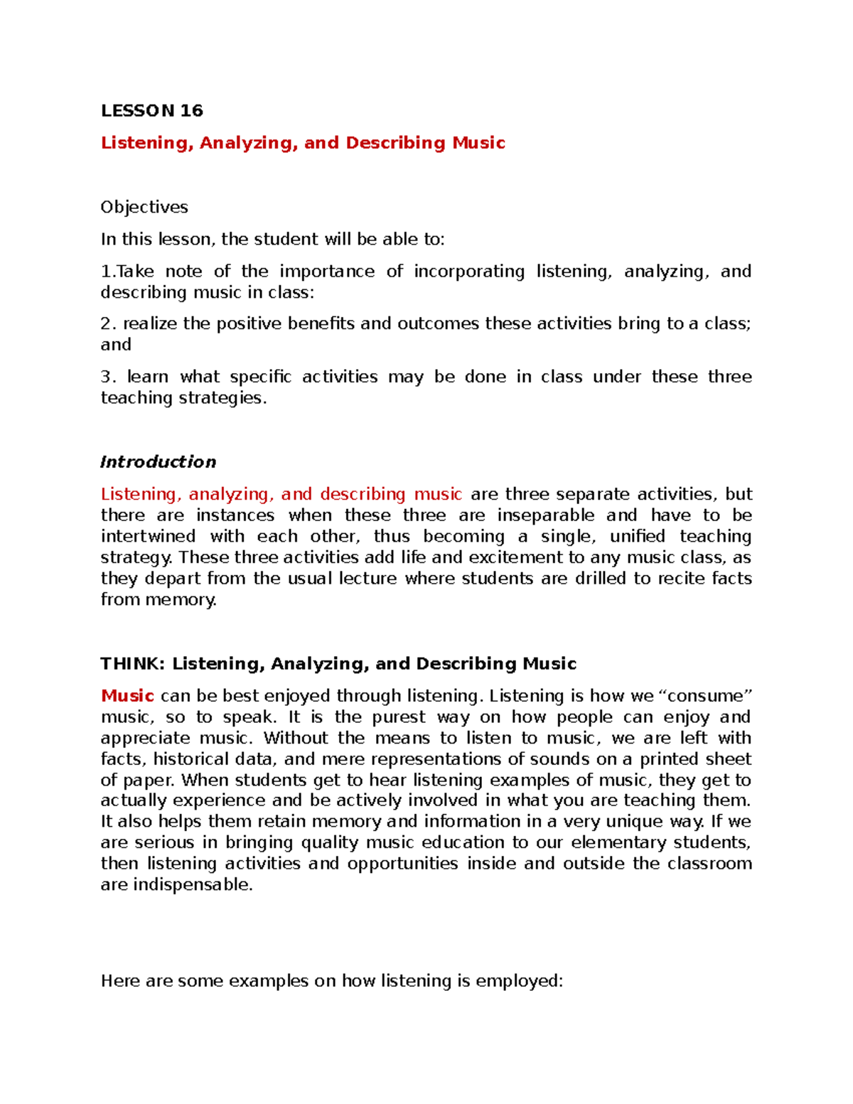Lesson 16 Listening, Analyzing, and Describing Music - LESSON 16 ...
