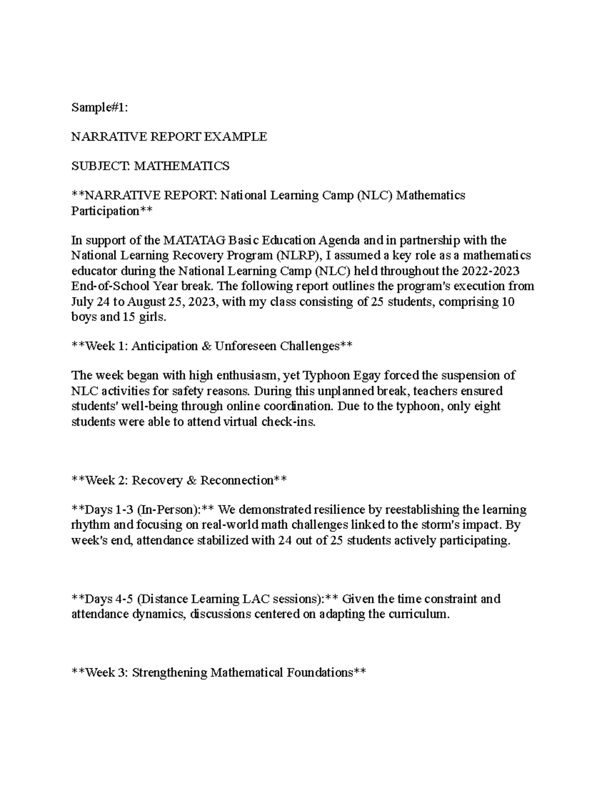 Sample#1 - none - Sample#1: NARRATIVE REPORT EXAMPLE SUBJECT ...