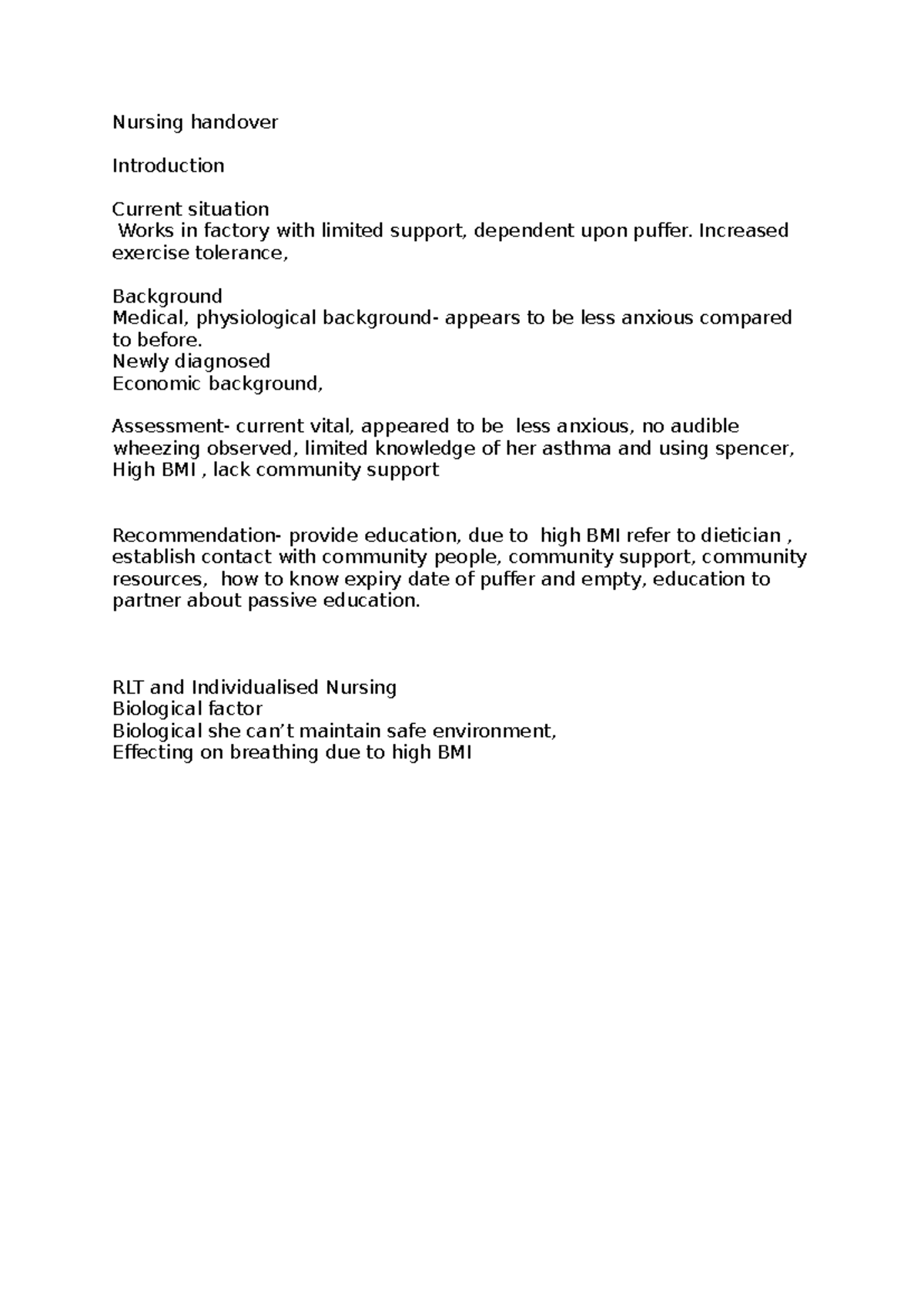 Nursing handover - Nursing handover Introduction Current situation ...