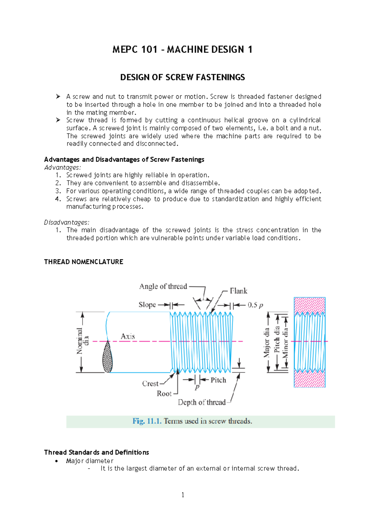 Lesson-8-Screws - Lesson about Screws - MEPC 101 – MACHINE DESIGN 1 ...