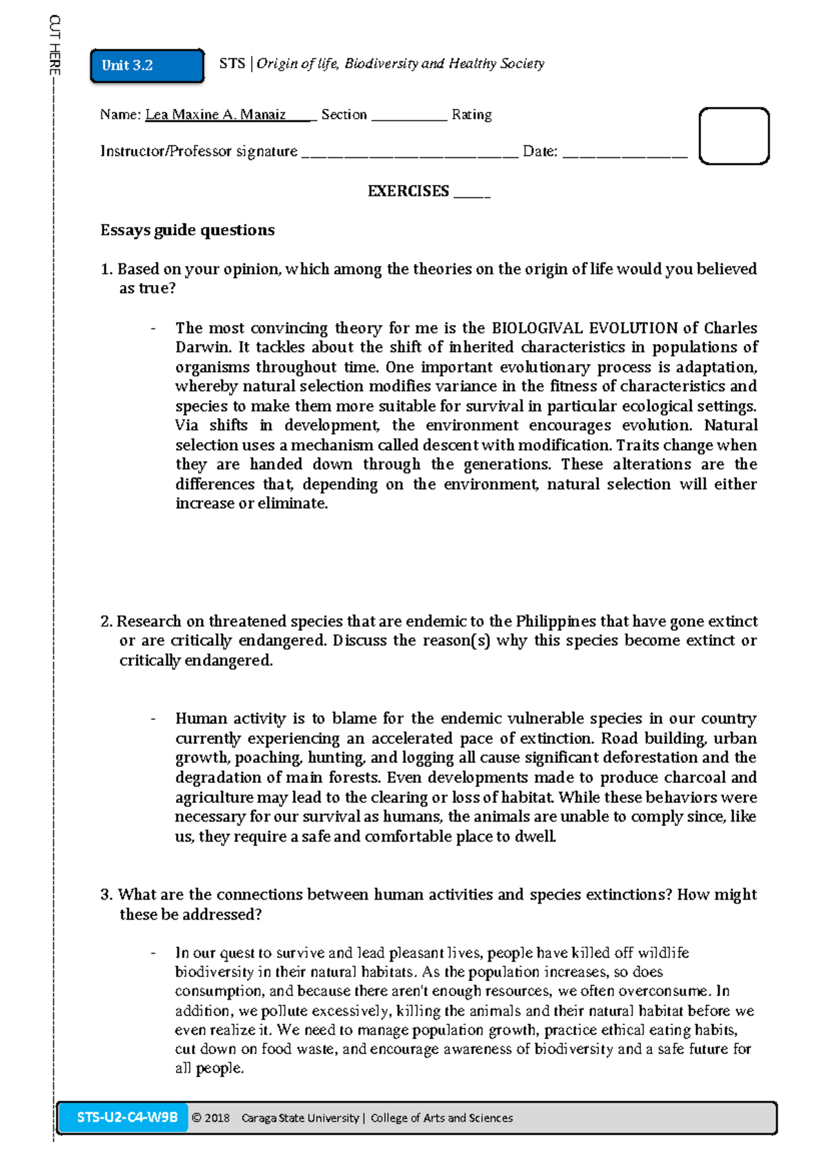 Worksheet 7 Biodiversity - Unit 3 STS | Origin of life, Biodiversity ...