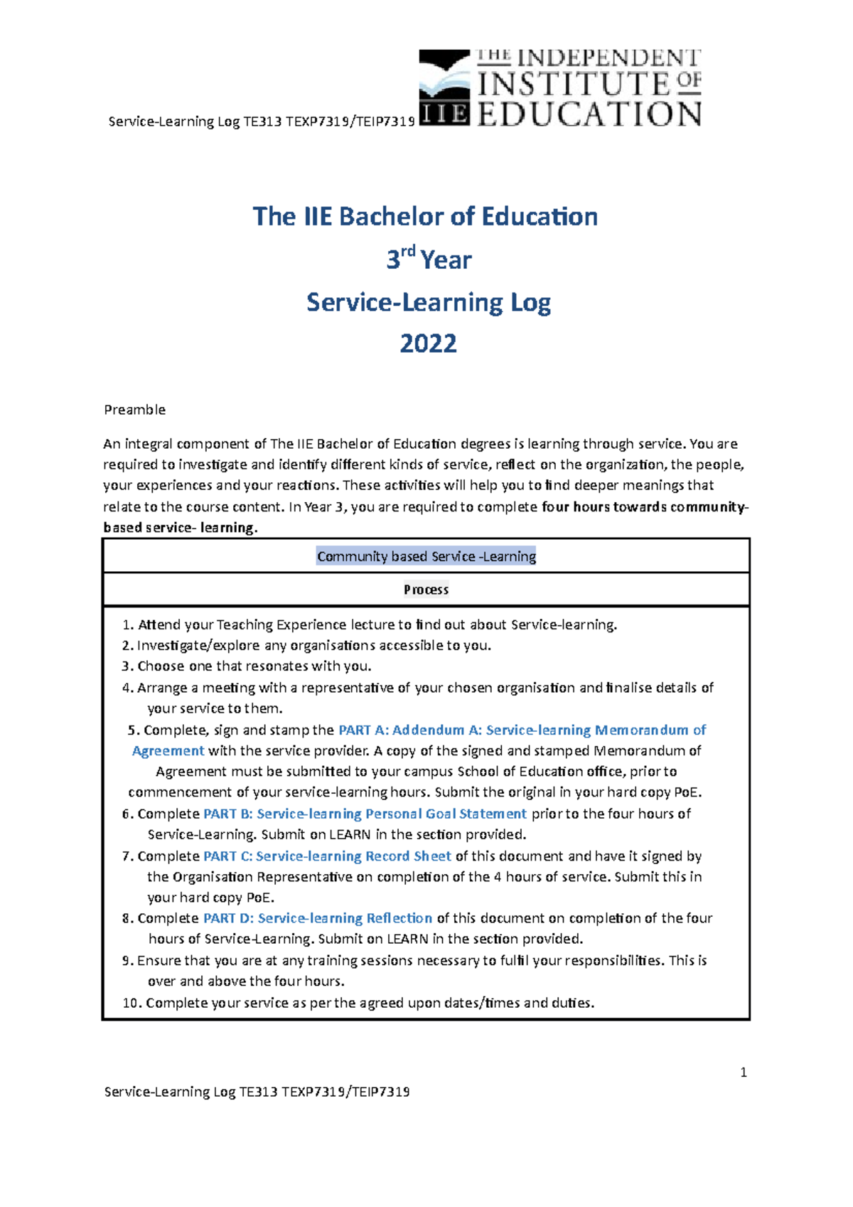 TEIP7319 TE313 Service Learning Log - Service-Learning Log TE313 ...
