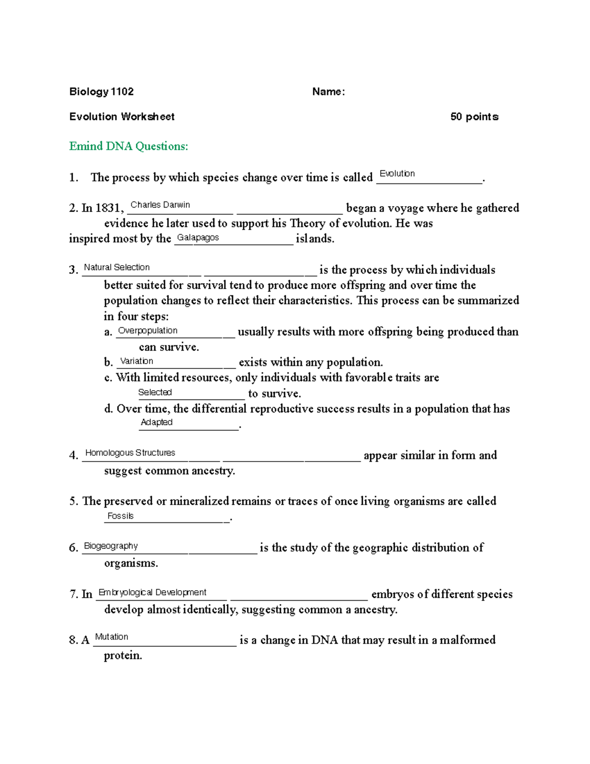 Evolution_Worksheet P3 Final. - Biology 1102 Name: Evolution Worksheet ...