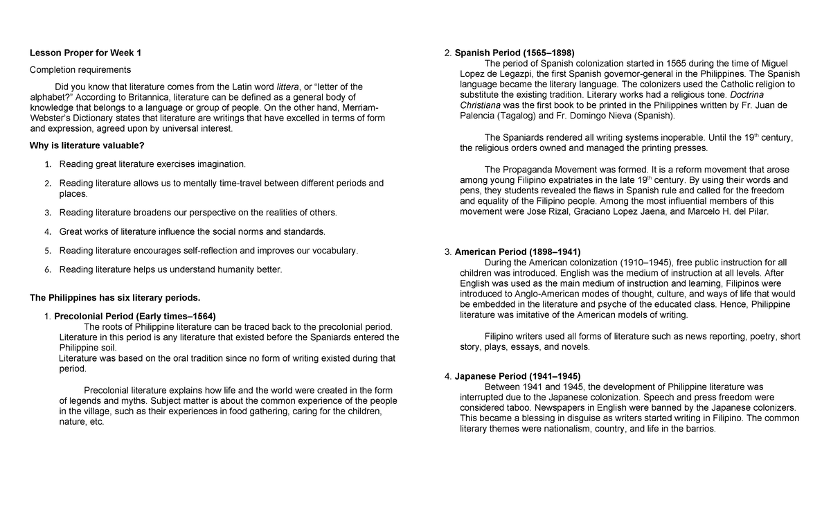 Lesson Proper LIT - please read - Lesson Proper for Week 1 Completion ...