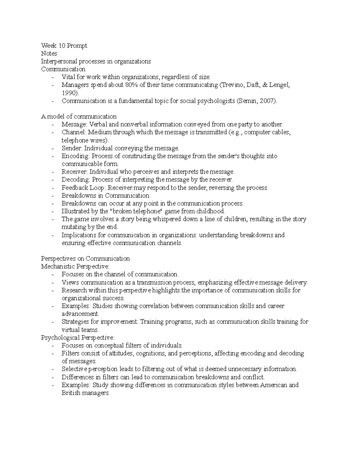 Prompt Week 10 Notes - Week 10 Prompt Notes Interpersonal processes in ...