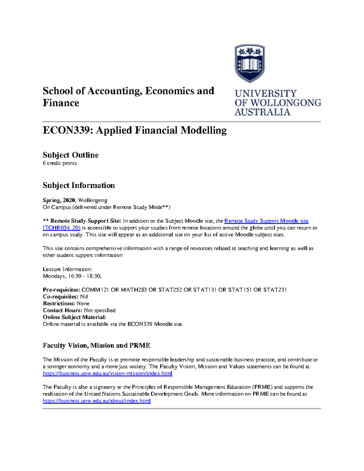 ECON339 outline 2020 - School of Accounting, Economics and Finance ECON339: Applied Financial ...