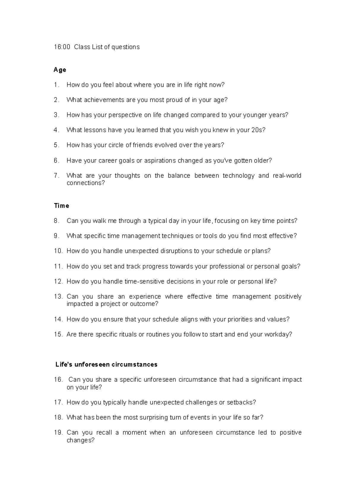 list of questions age time life.docx - 16:00 Class List of questions ...