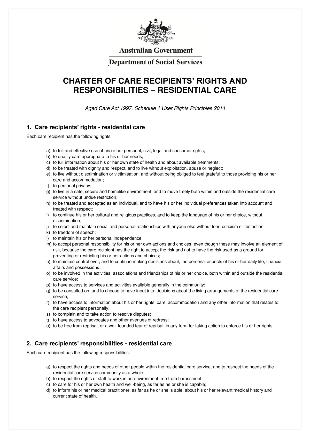 Charter of care recipients rights responsibilities - residential care ...