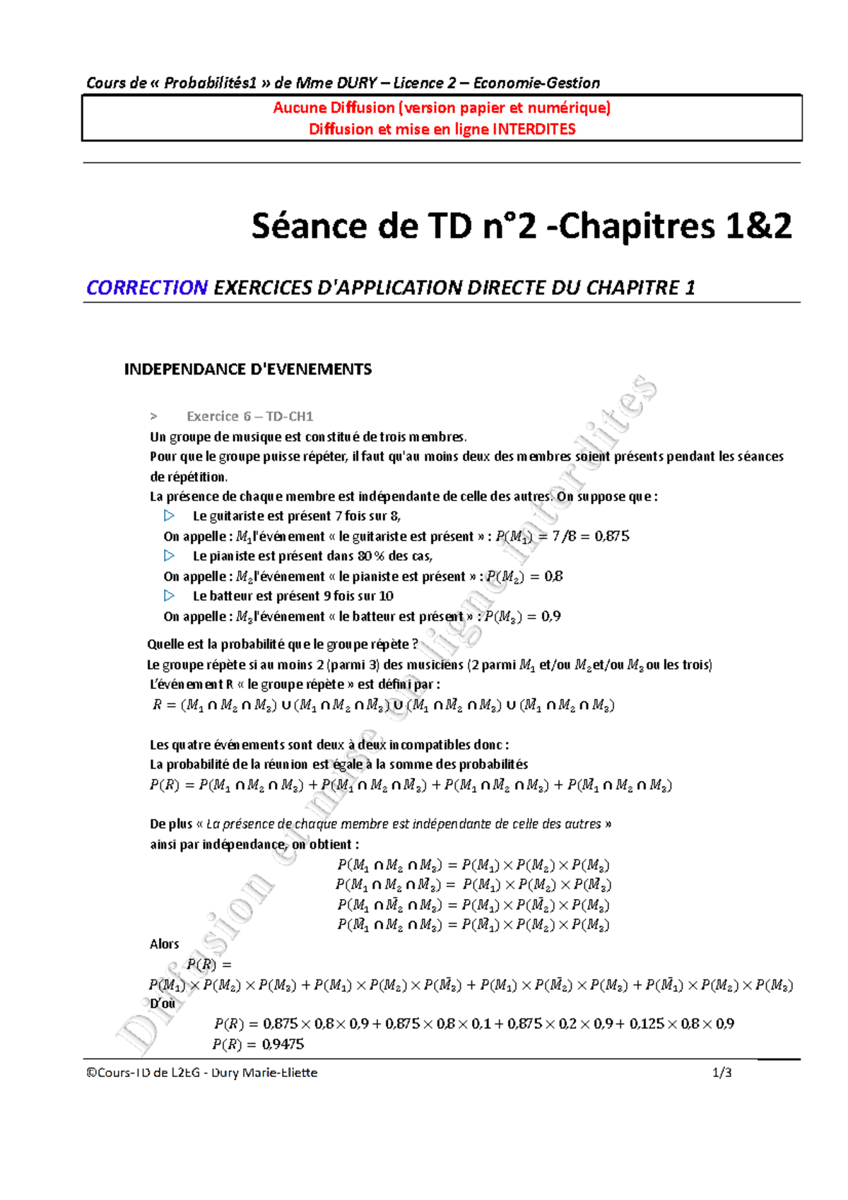 TD proba 1 - peut beaucoup aider pour la préparation des contrôles continue - Cours de « - Studocu