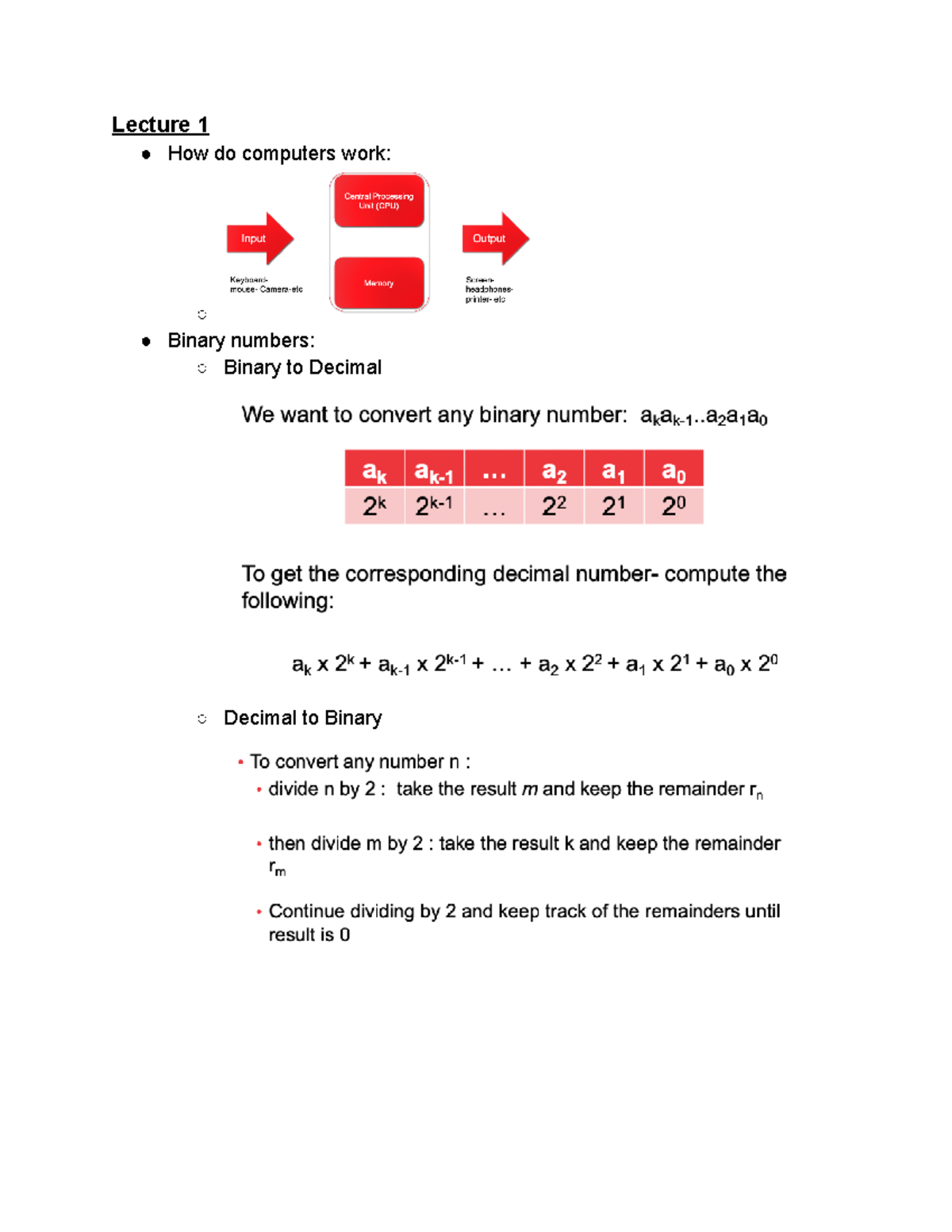COMP 202 Weekly Summary - Lecture 1 How do computers work: Binary numbers: Binary to Decimal ...