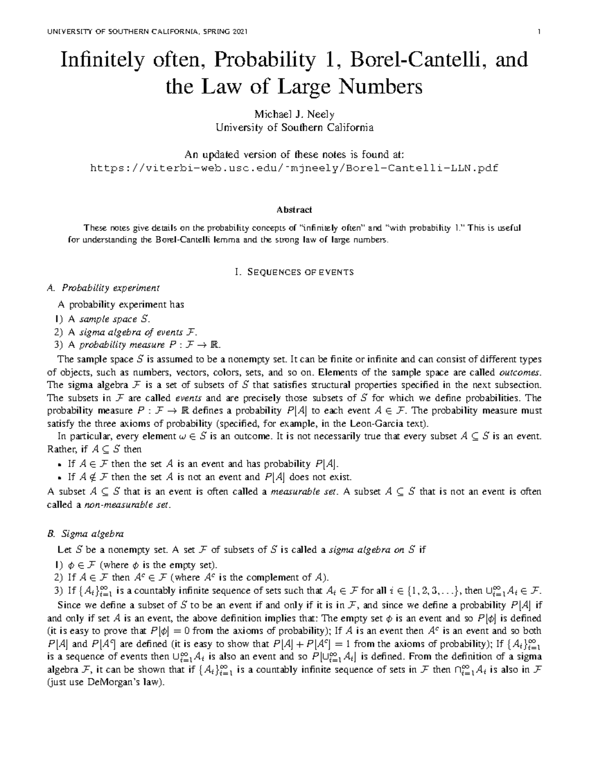 Borel-Cantelli-LLN - Notes - Infinitely often, Probability 1, Borel ...