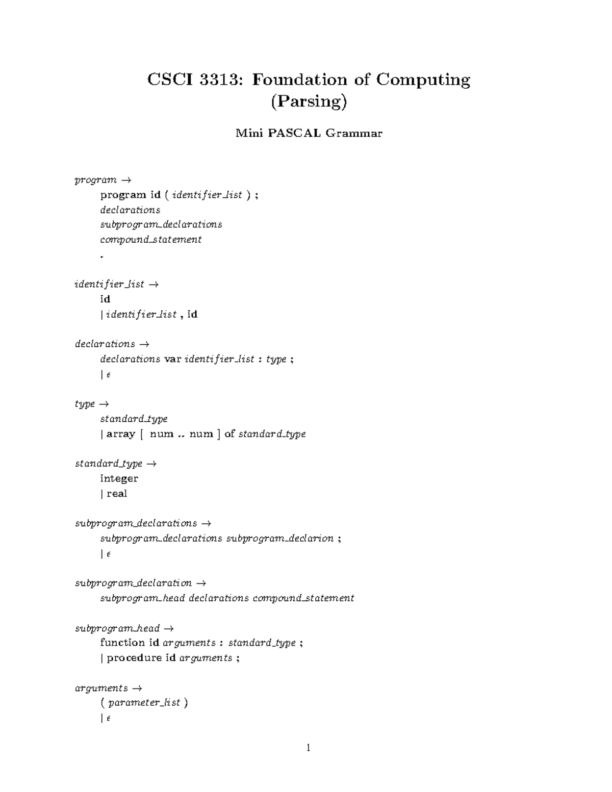 Mini Pascal Grammar - CSCI 3313: Foundation of Computing (Parsing) Mini ...