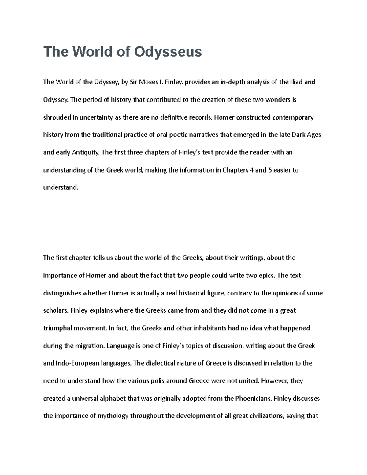 The World of Odysseus - Finley, provides an in-depth analysis of the ...