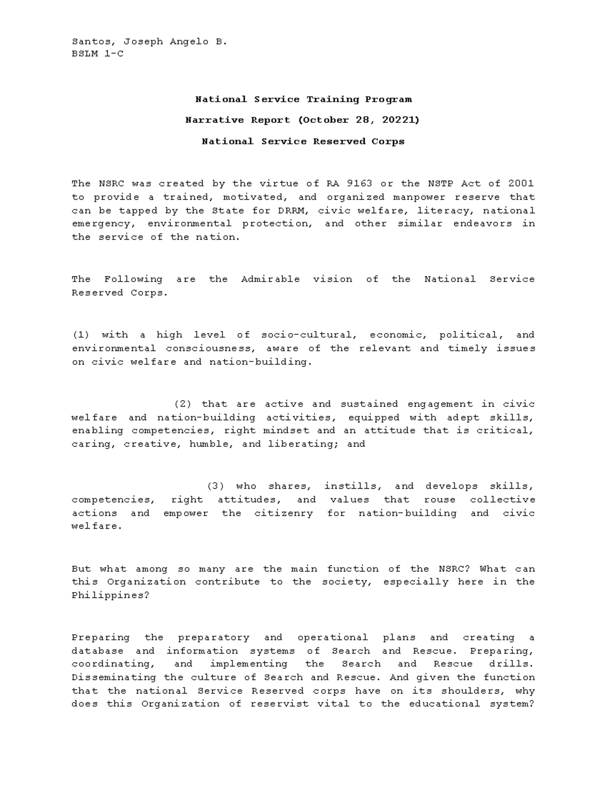 Narrative Report (NSRC) - Santos, Joseph Angelo B. BSLM 1-C National ...