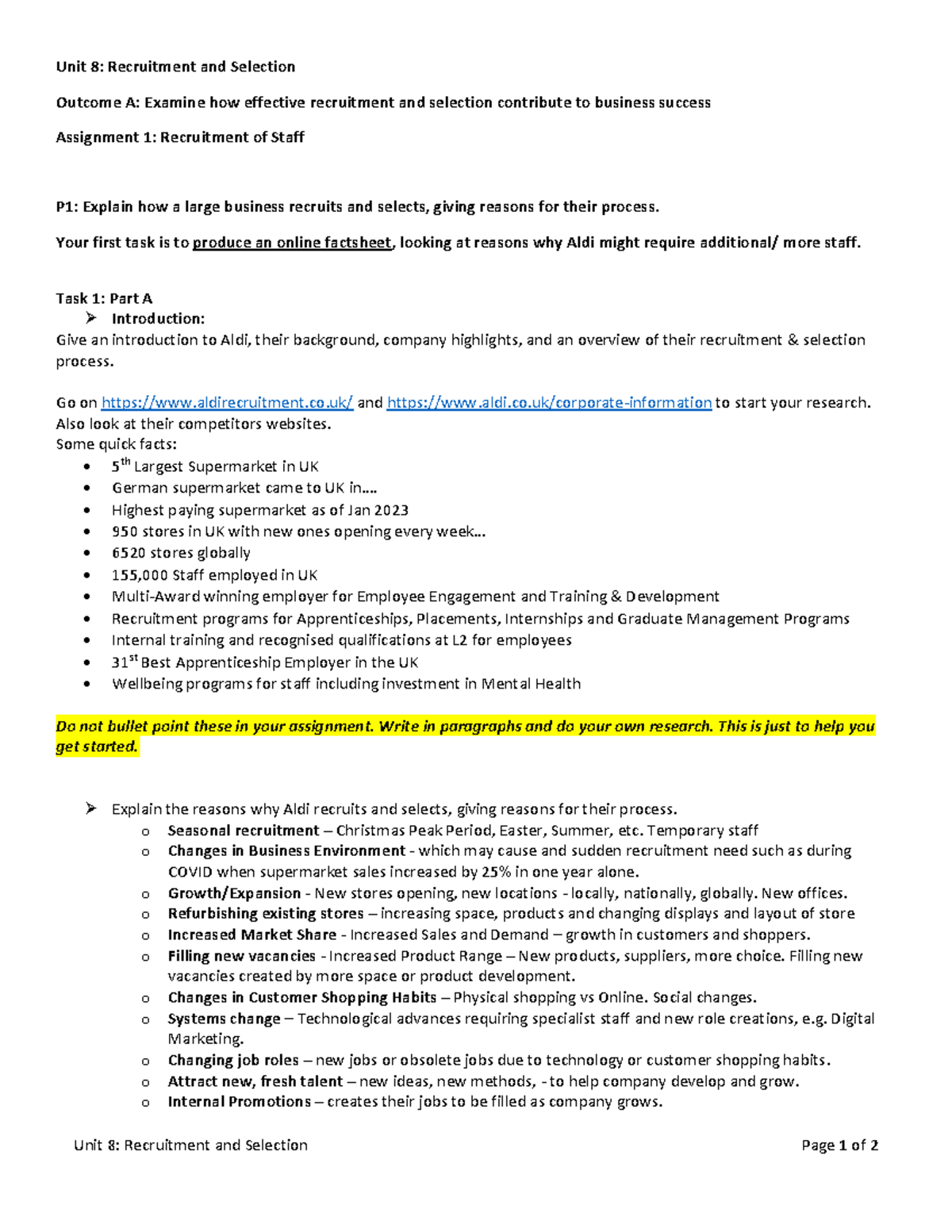 Guidelines for Assg 1 P1 Task A - Unit 8: Recruitment and Selection ...