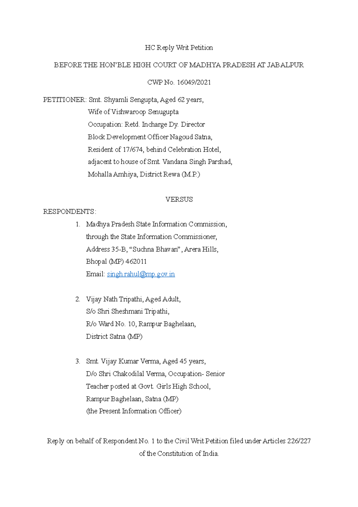 Writ Petiton Reply (WP-16209-2021) - HC Reply Writ Petition BEFORE THE ...