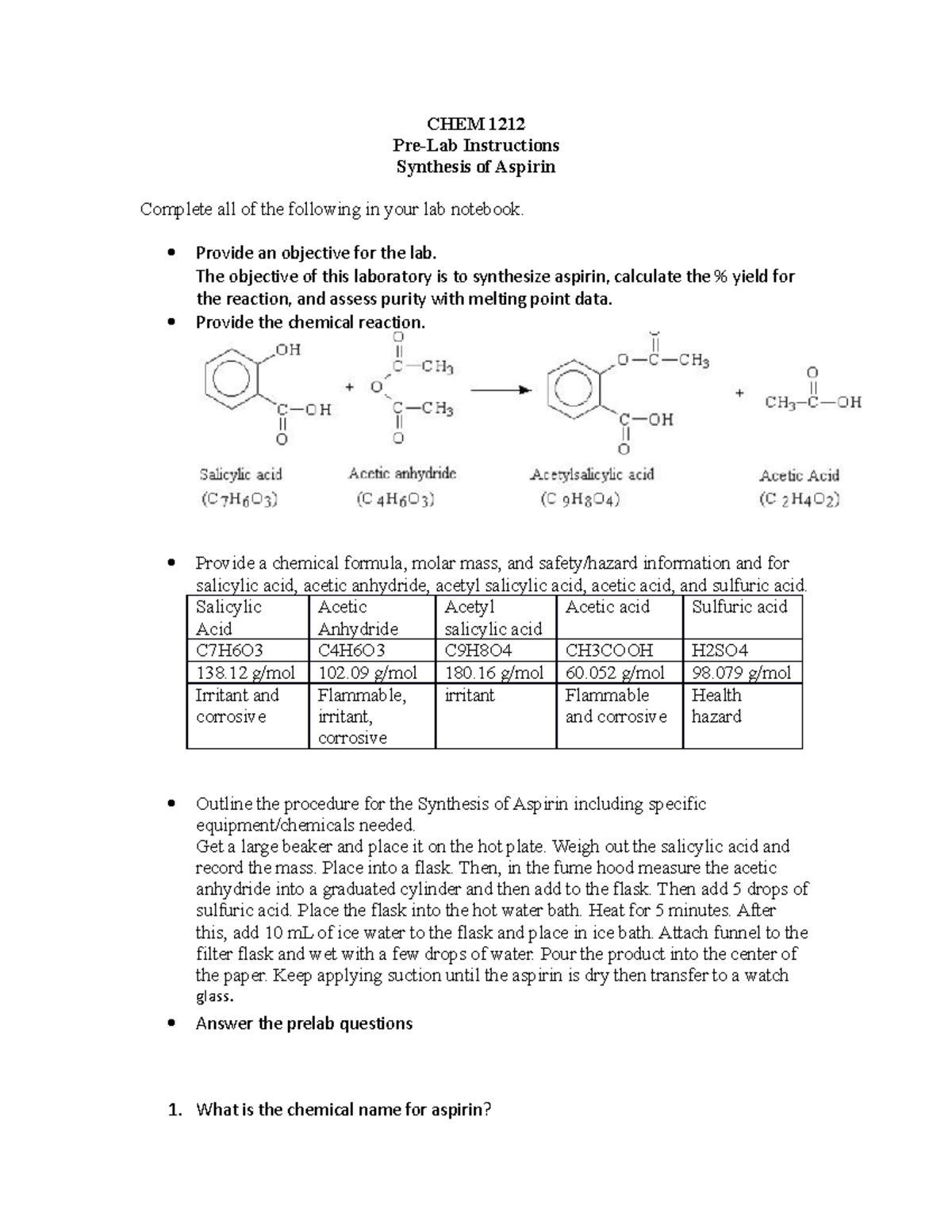 Prelab 11 chem1212 - CHEM 1212 Pre-Lab Instructions Synthesis of ...