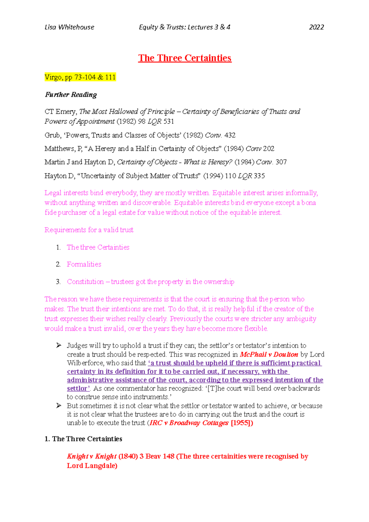 Lecture Handout 3 & 4 - Certainties - Lisa Whitehouse Equity & Trusts: Lectures 3 & 4 2022 - Studocu