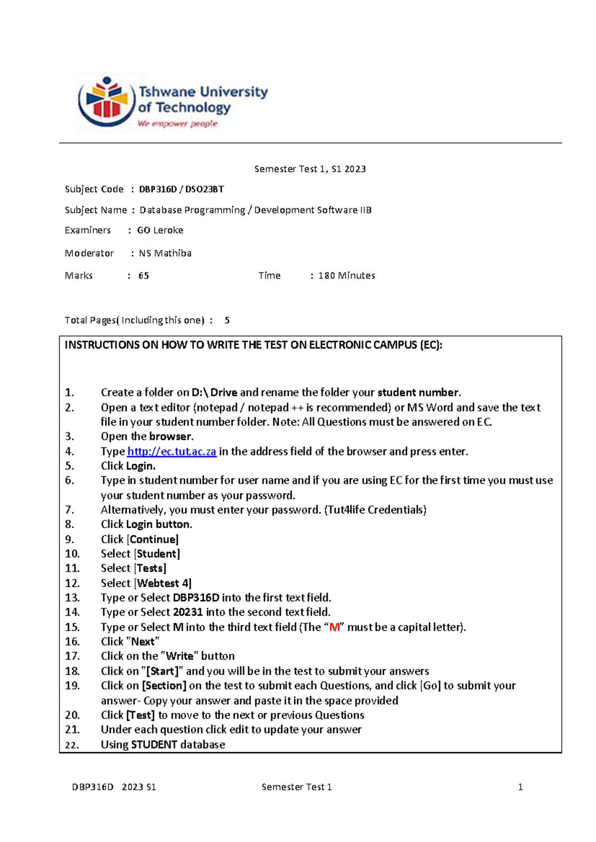 DBP316D FA1 memo - FA1 - Semester Test 1, S1 2023 Subject Code ...