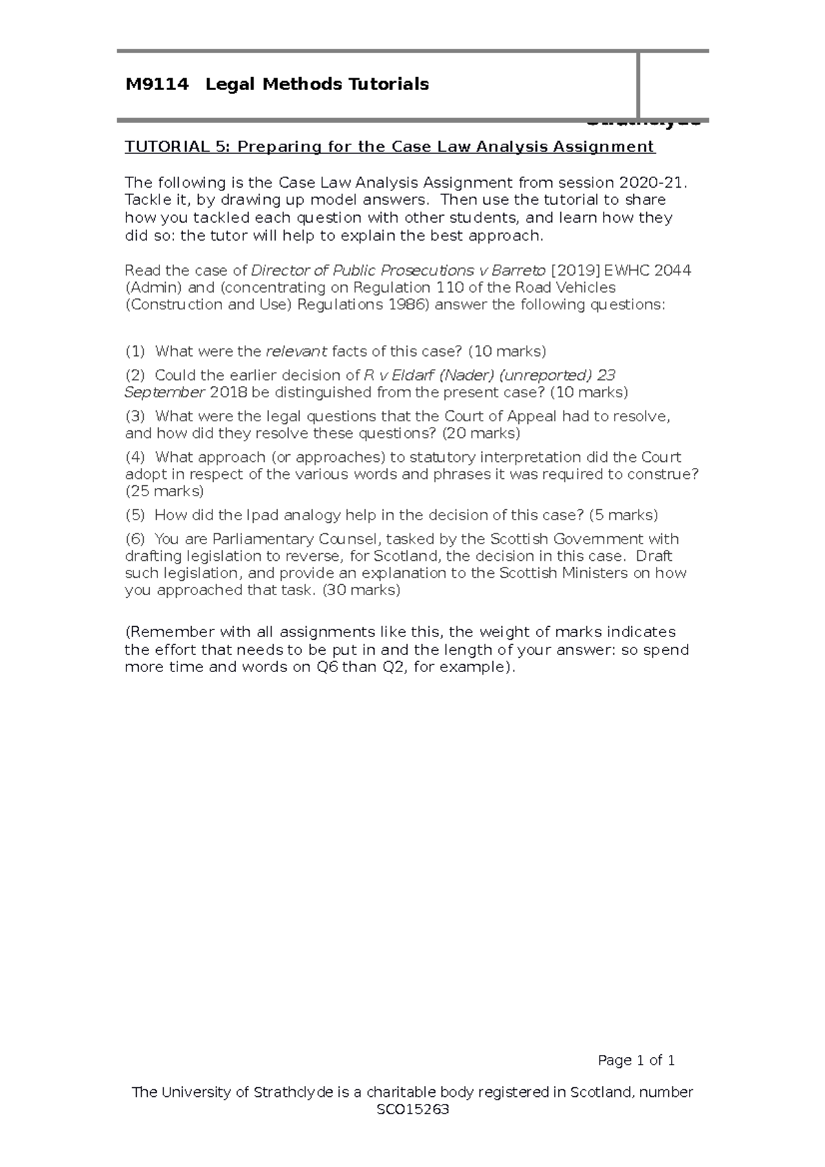 LM Tutorial 5 - notes - M9114 Legal Methods Tutorials TUTORIAL 5 ...