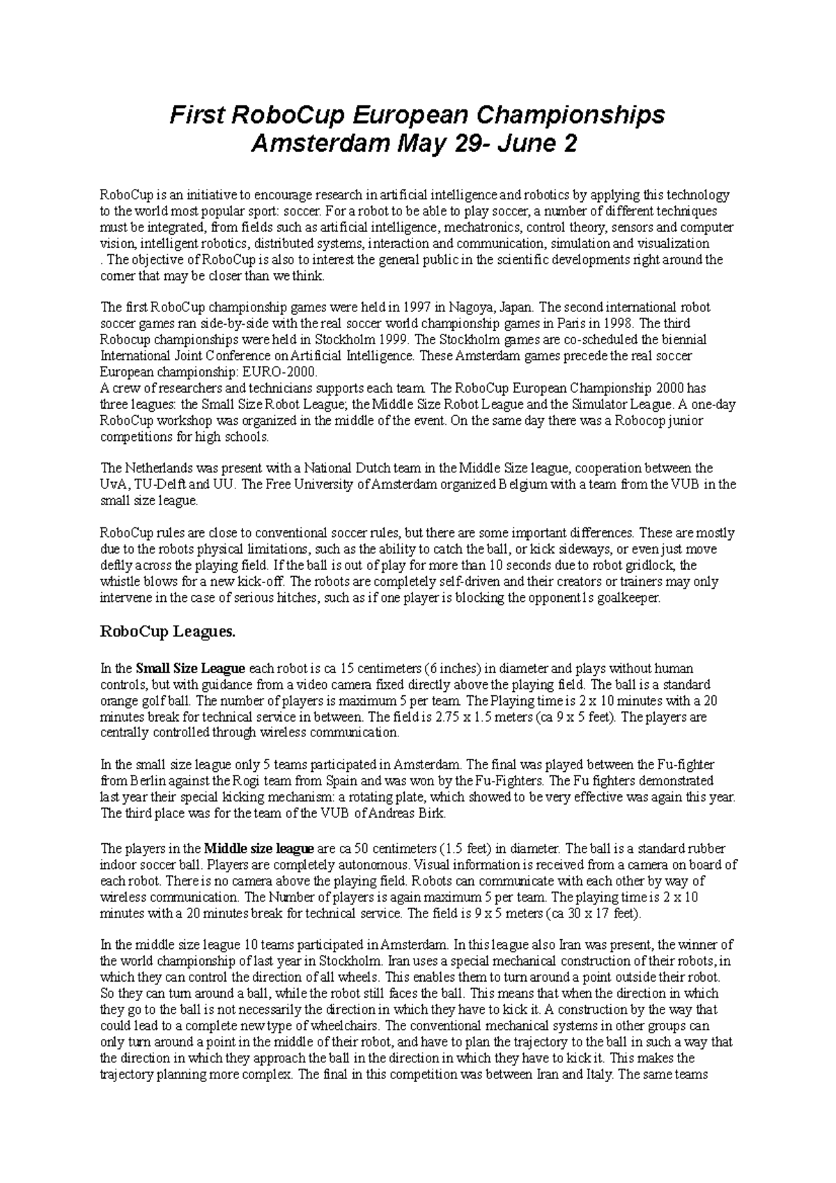 Eurobo digital history - First RoboCup European Championships Amsterdam ...