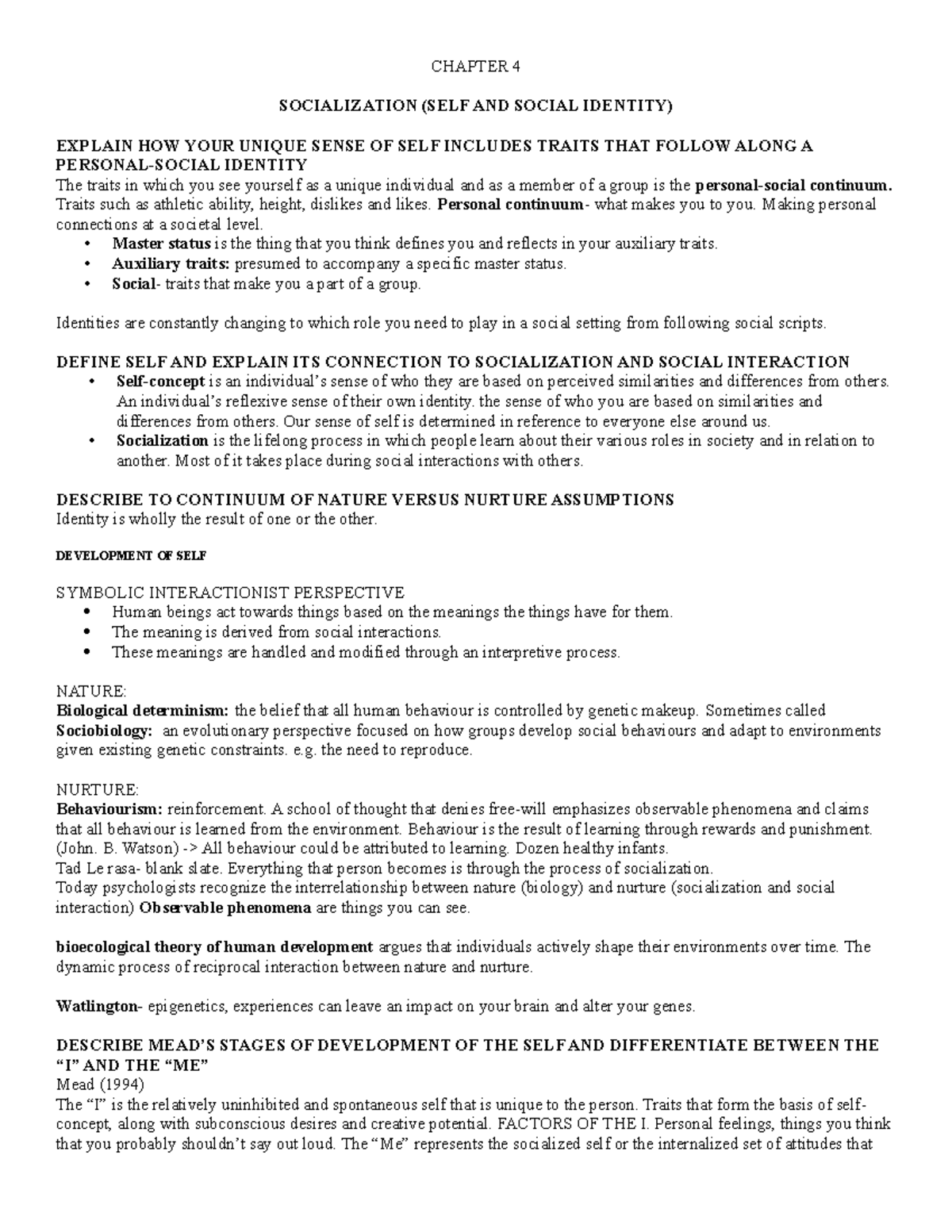 Chapter 4-6 - CHAPTER 4 SOCIALIZATION (SELF AND SOCIAL IDENTITY ...