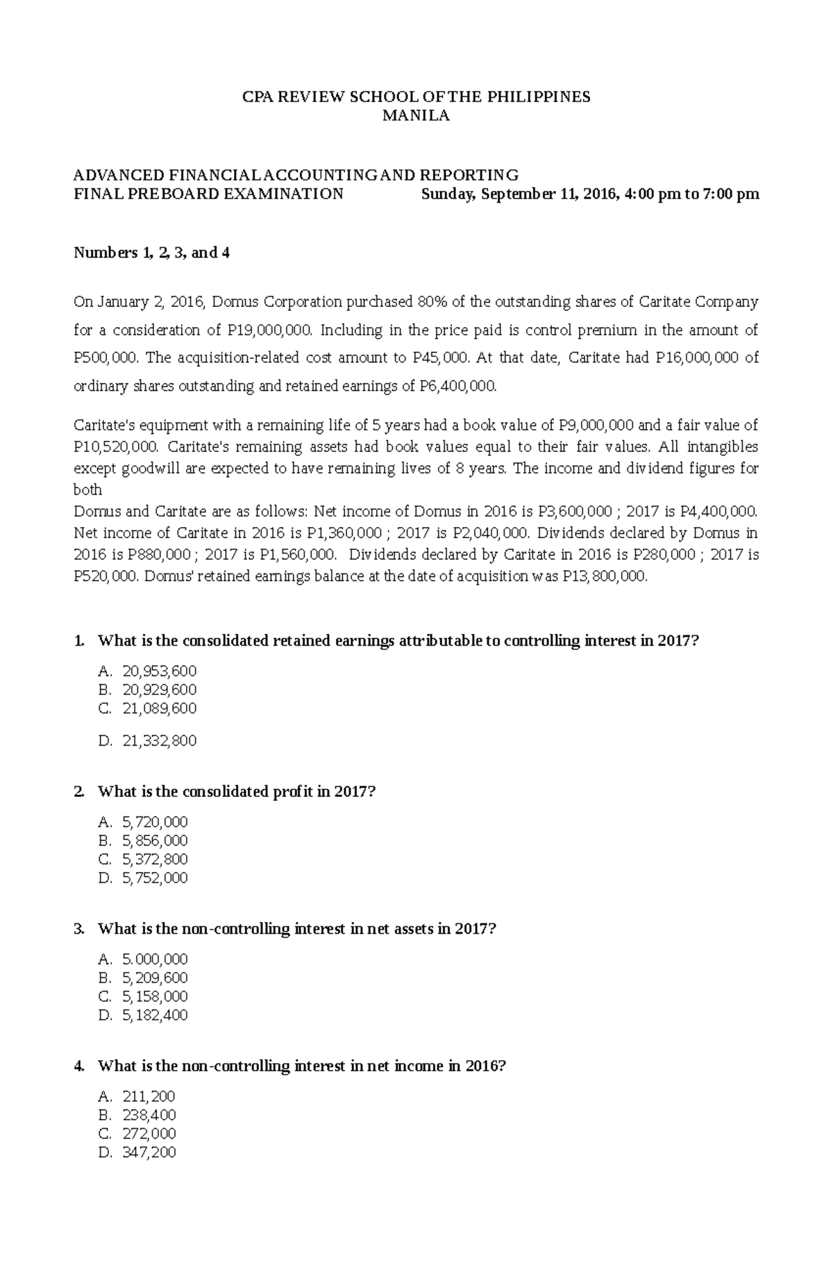 October 2016 Advanced Financial Accounting Reporting Final Pre board ...