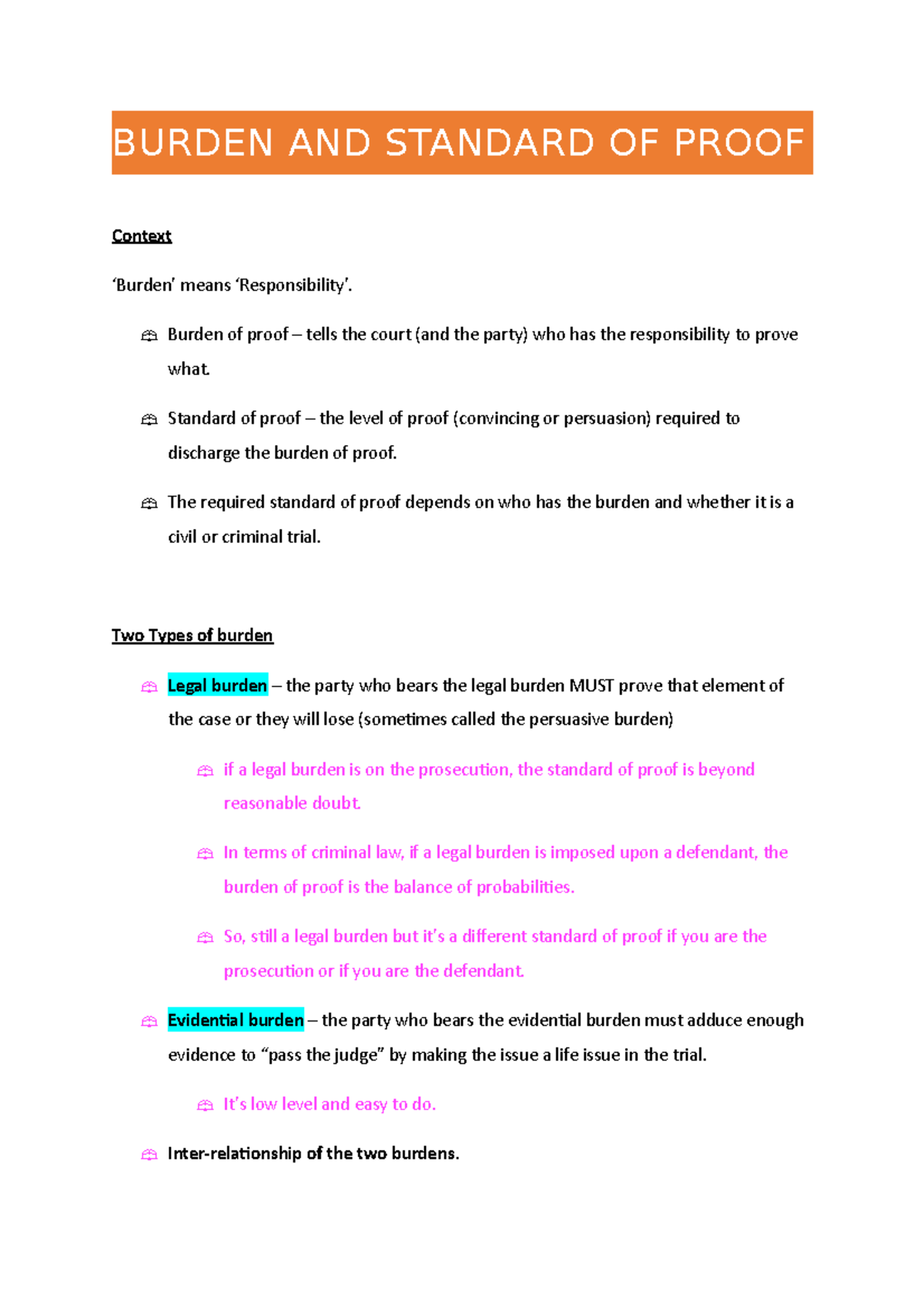 Burdern and standard of proof lecture notes - BURDEN AND STANDARD OF ...