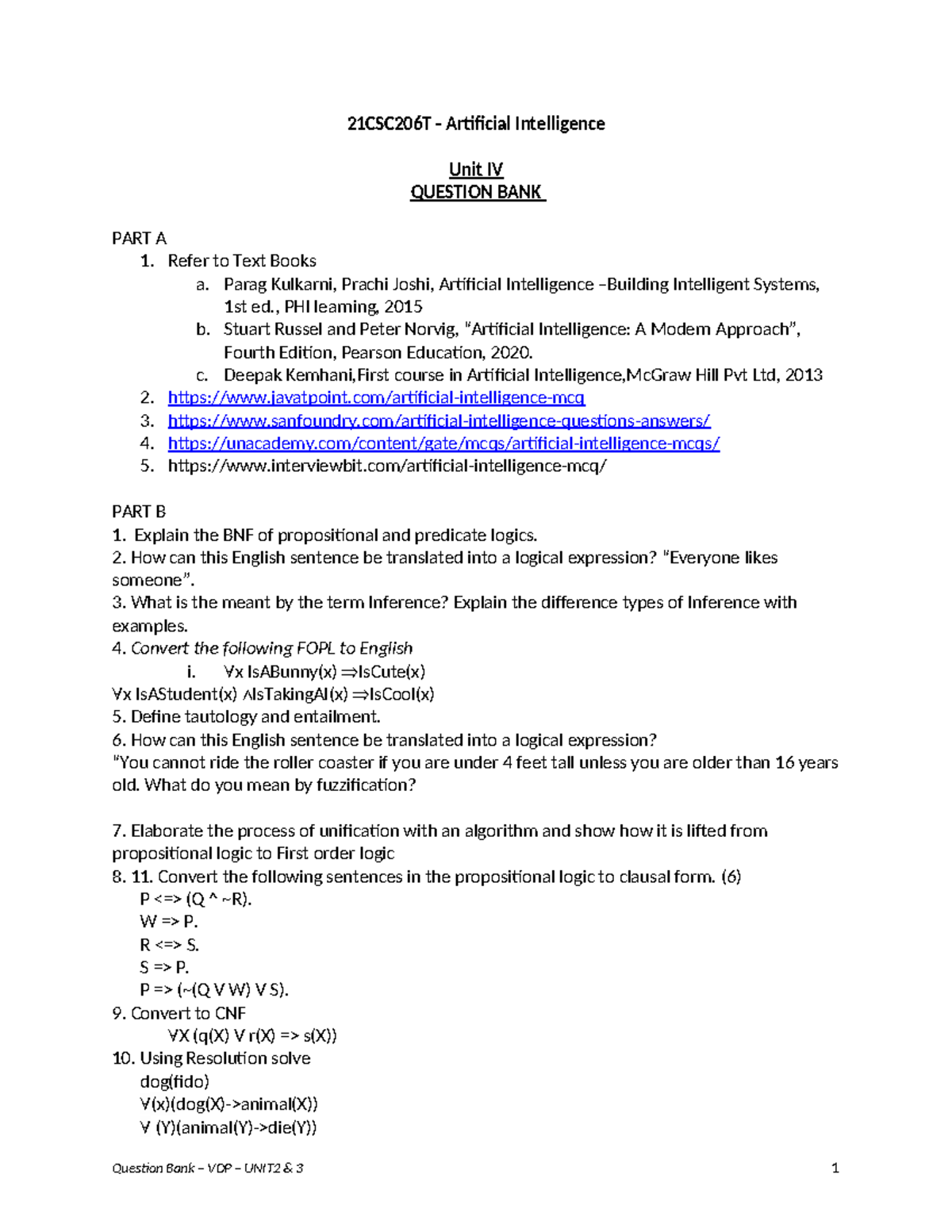 21CSC305T AI-UNIT4 & 5 -QB - 21CSC206T - Artificial Intelligence Unit IV QUESTION BANK PART A ...