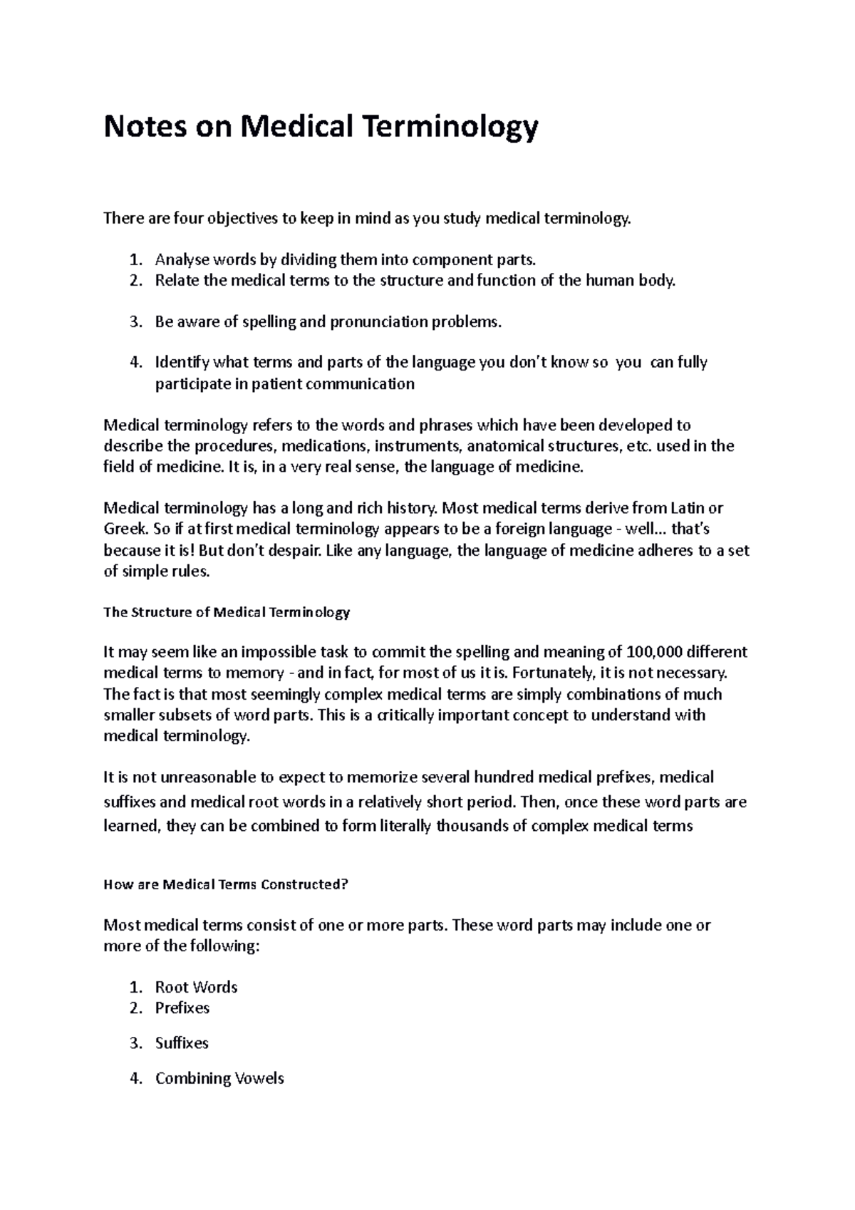 Additional Tutorial Notes Medical Terminology - Notes on Medical ...