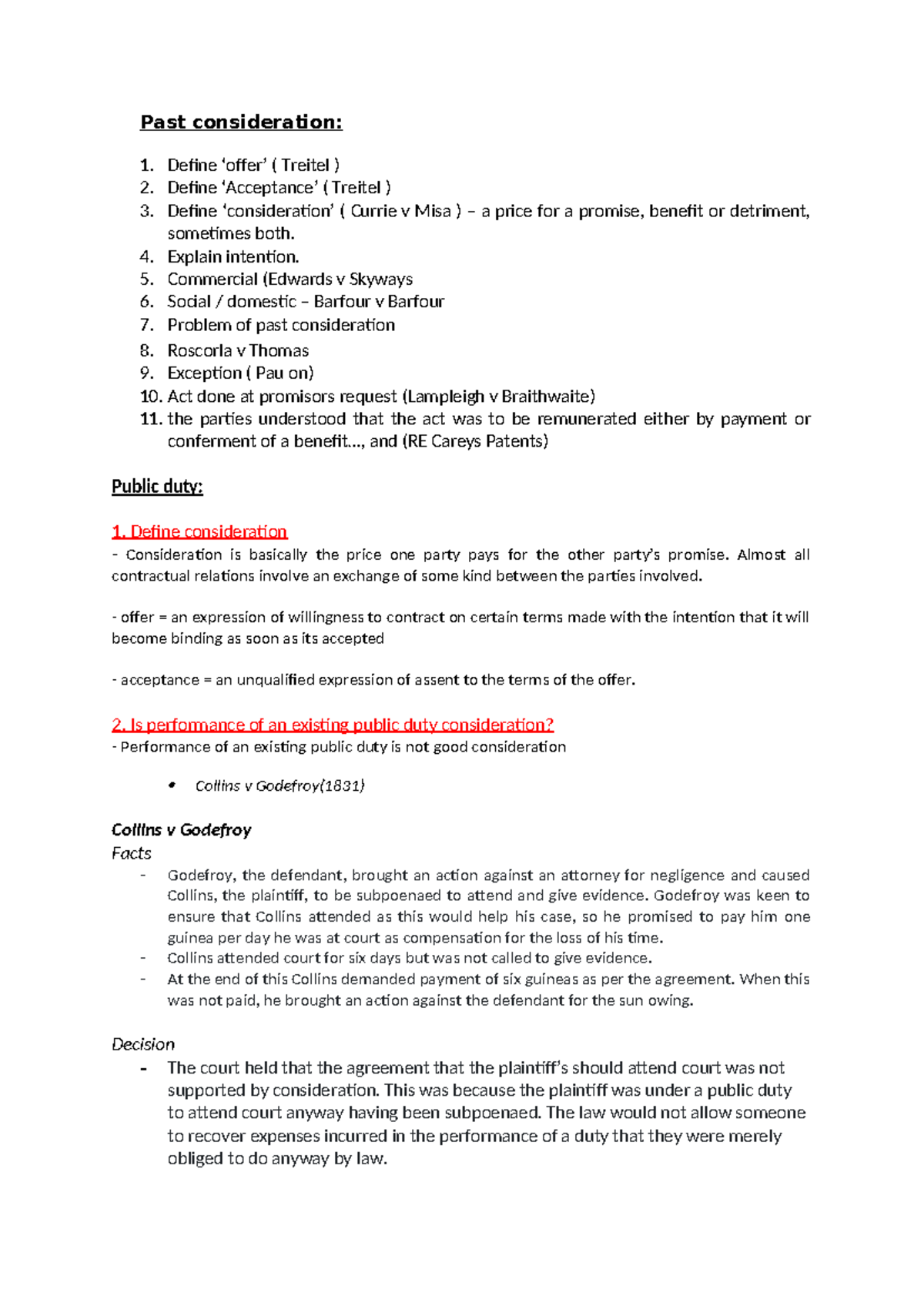 Past consideration and public duty - Past consideration: 1. Define ...