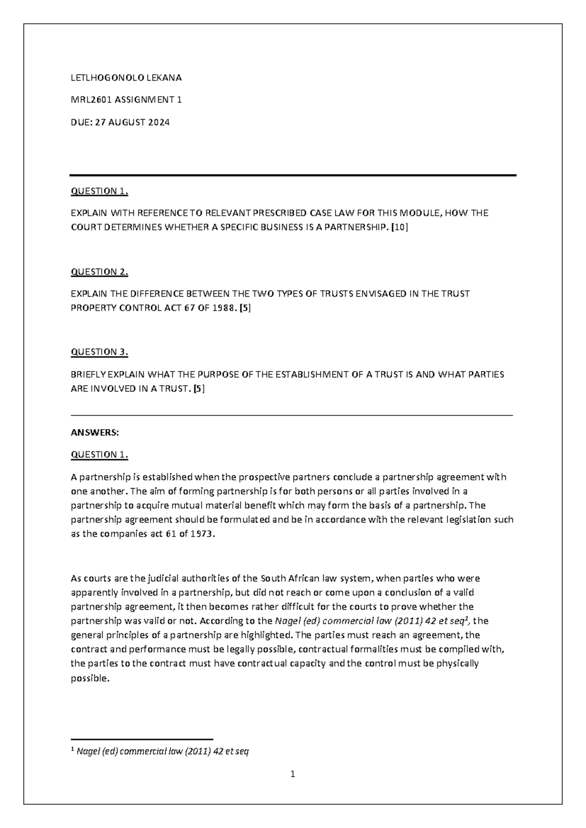 MRL2601 Assignment 1 2024 2nd semester - LETLHOGONOLO LEKANA MRL2601 ...