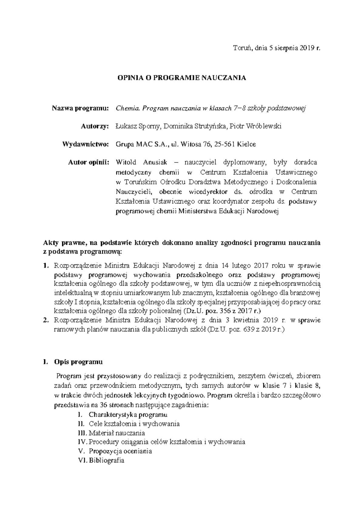 Opinia o programie nauczania chemii - Toruń, dnia 5 sierpnia 2019 r. OPINIA O PROGRAMIE ...