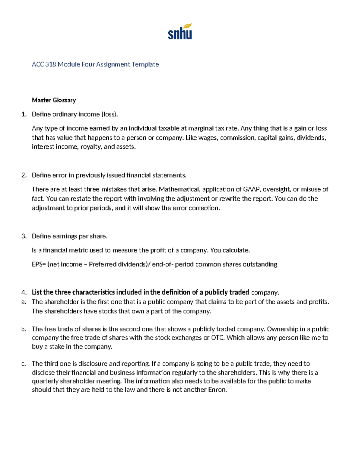 ACC 318 Module Four Assignment - Define ordinary income (loss). Any ...